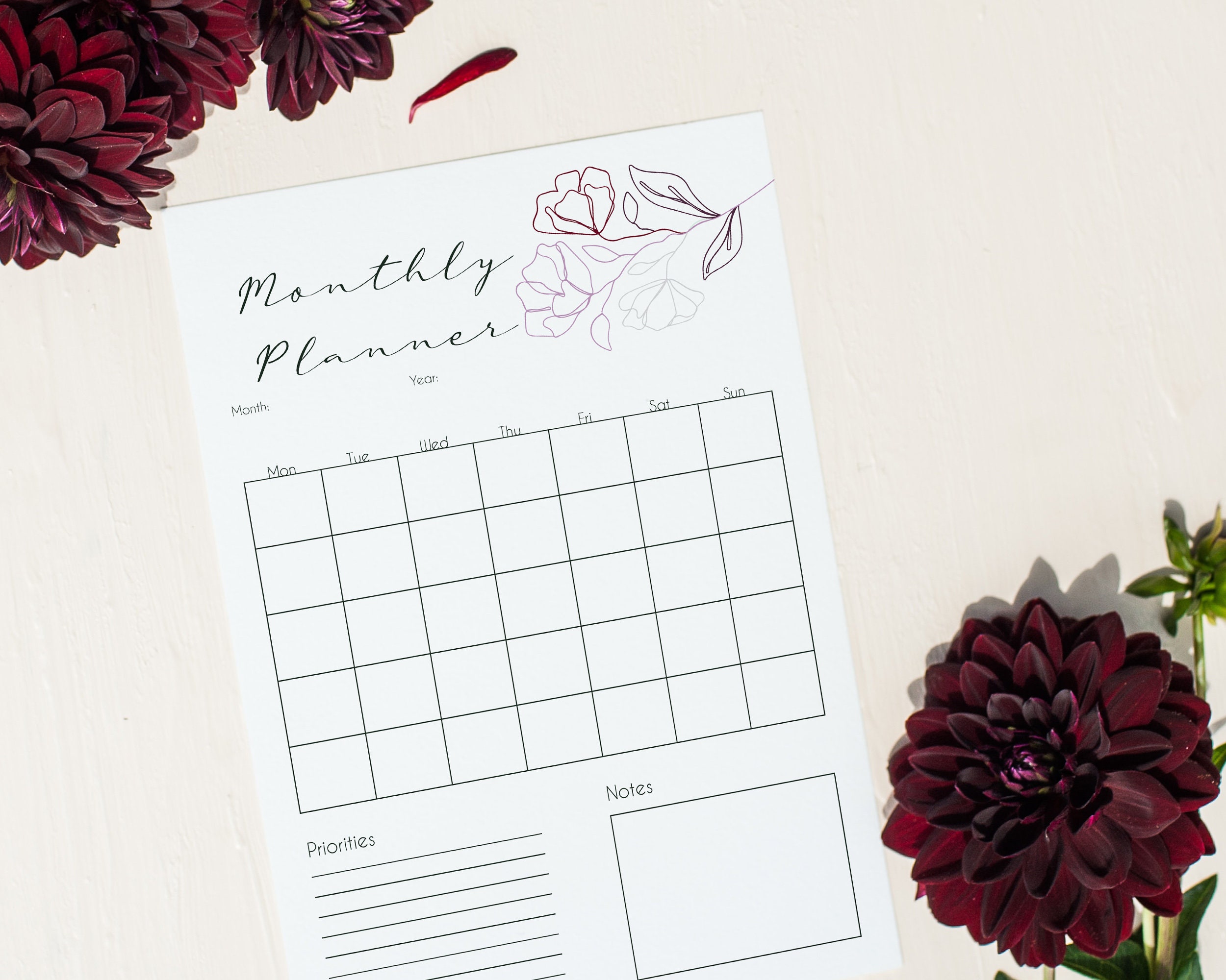 Monthly Planner PRINTABLE Line Art Flower| Undated Printable Planner ...
