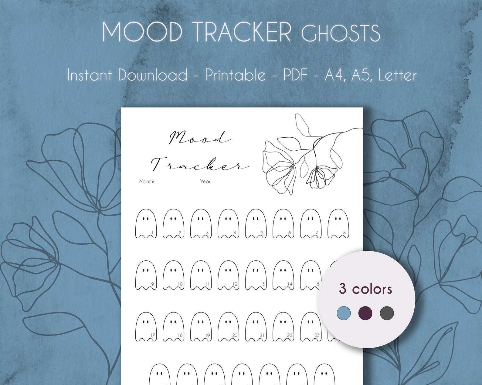 Mood Tracker Ghosts PRINTABLE Line Art Flower Mood Chart A4, A5 ...
