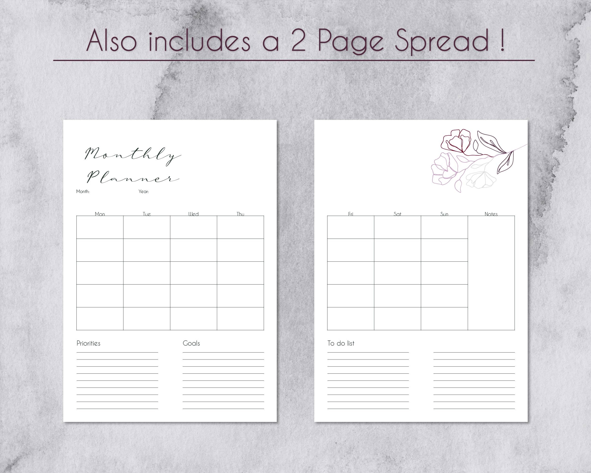 Monthly Planner PRINTABLE Line Art Flower Undated Printable - Etsy