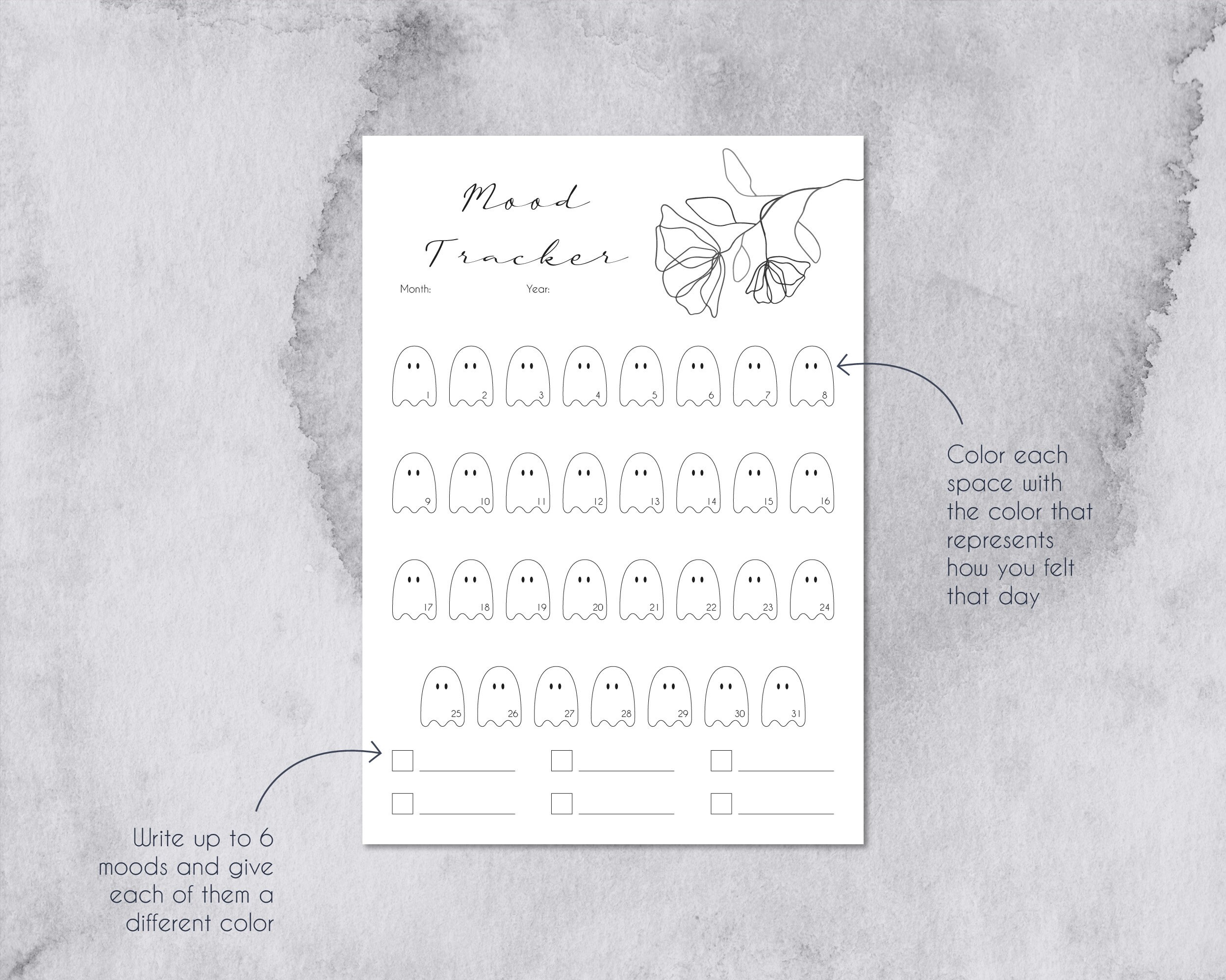 Mood Tracker Ghosts PRINTABLE Line Art Flower Mood Chart A4, A5 ...