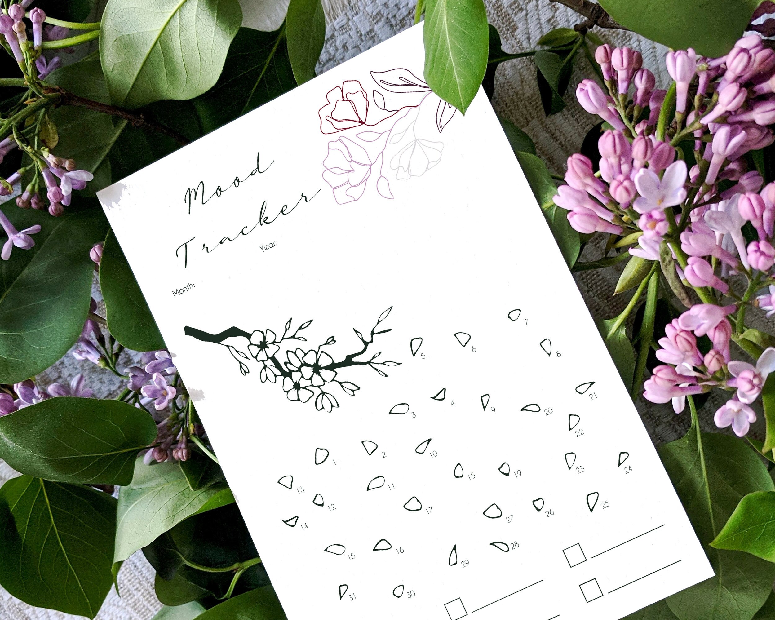 Mood Tracker Sakura Tree PRINTABLE Line Art Flower Mood - Etsy