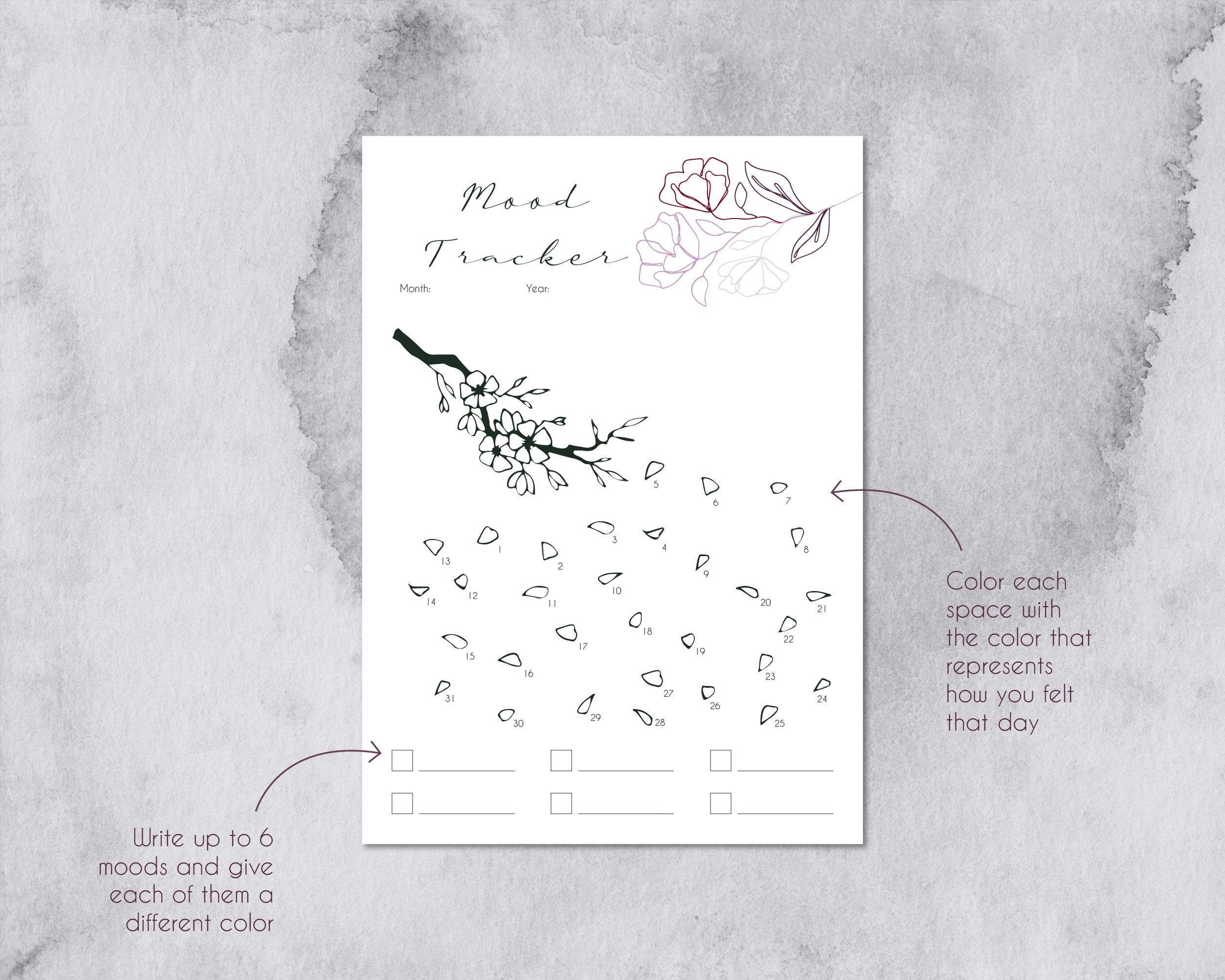 Mood Tracker Sakura Tree PRINTABLE Line Art Flower Mood - Etsy