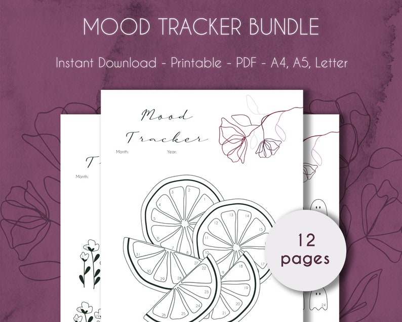 Mood Tracker Bundle PRINTABLE Line Art Flower| 12 Mood Charts| A4, A5 ...
