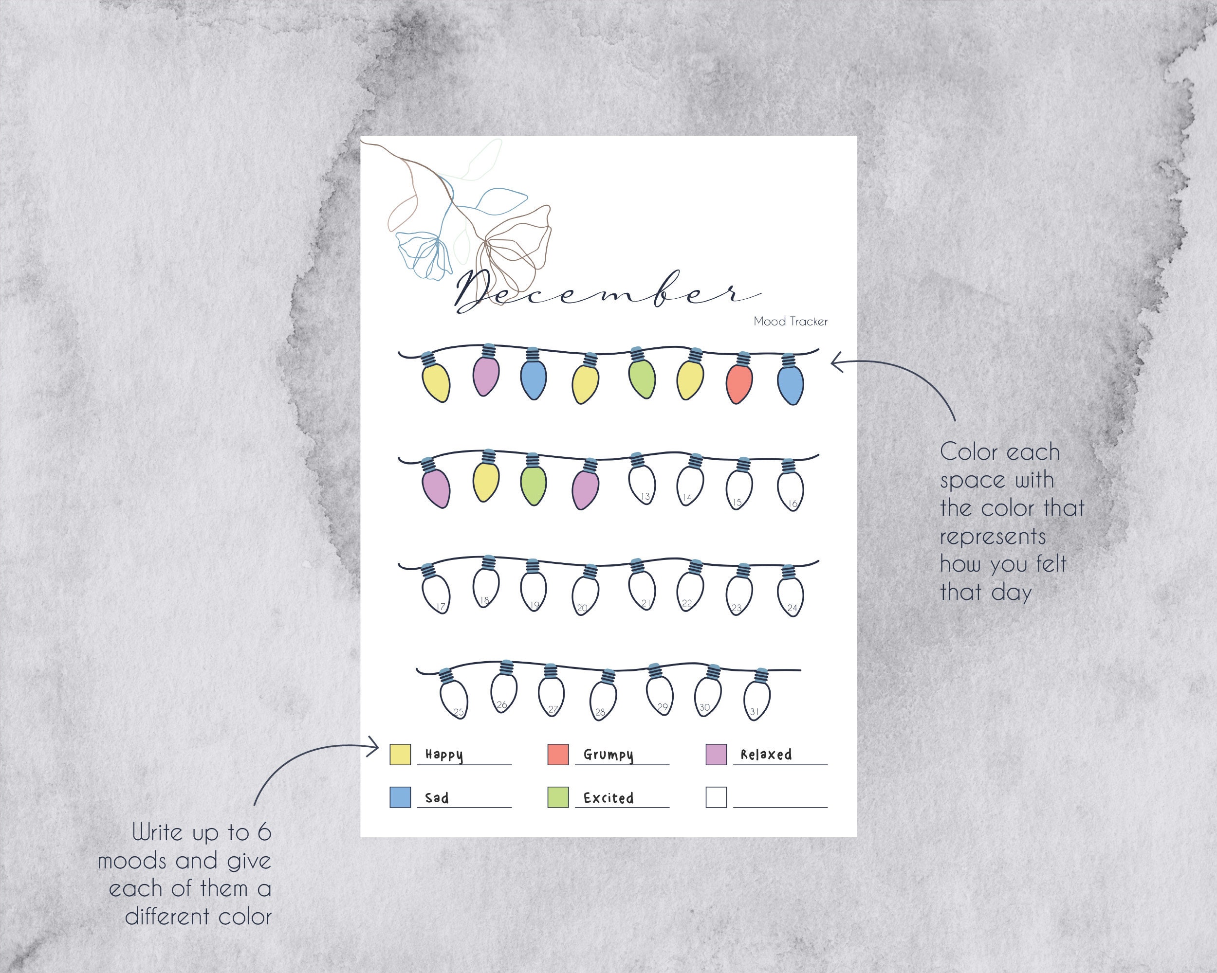 Monthly Mood Tracker PRINTABLE Line Art Flower Mood Tracker - Etsy
