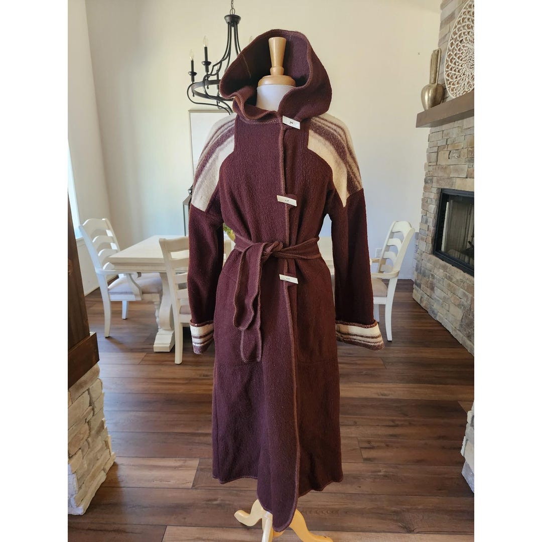 Vintage 70s Western Mantessa Wool Blanket Wrap Duster Hood Belted Brown ...