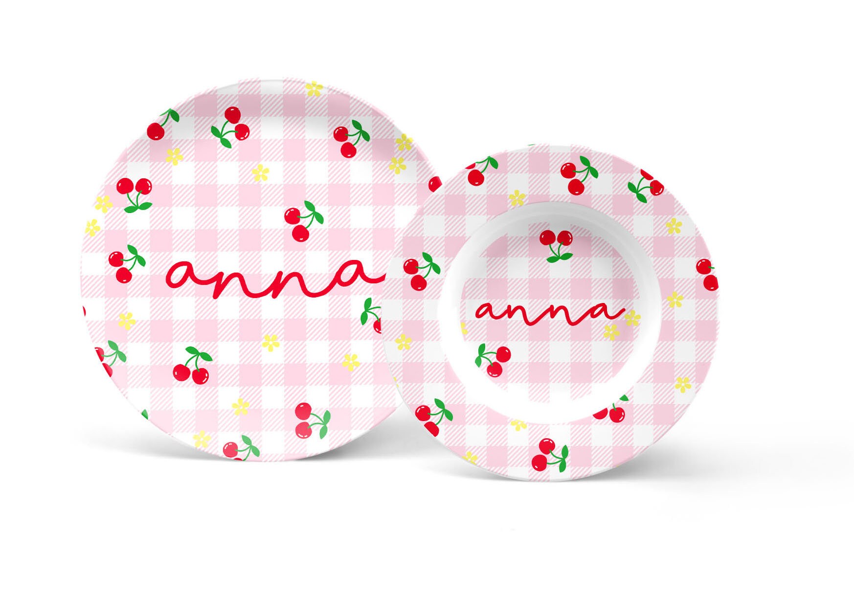 Personalized Cherry Gingham Plate Custom Name Plate Kids Dinnerware Set ...