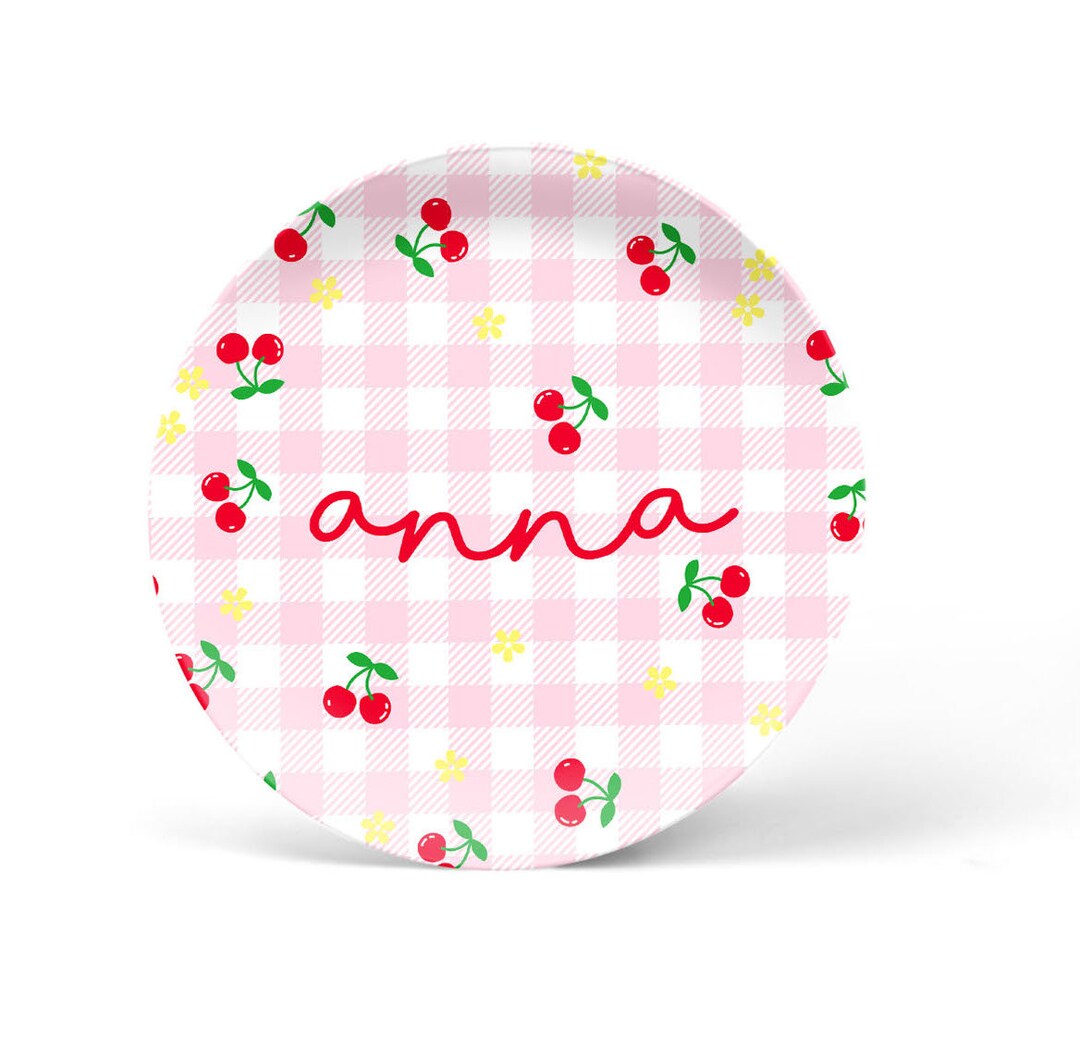 Personalized Cherry Gingham Plate Custom Name Plate Kids Dinnerware Set ...