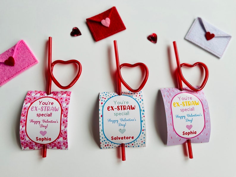 Silly Straw Valentines for Kids, Red Heart Straw Valentine Cards, Non ...