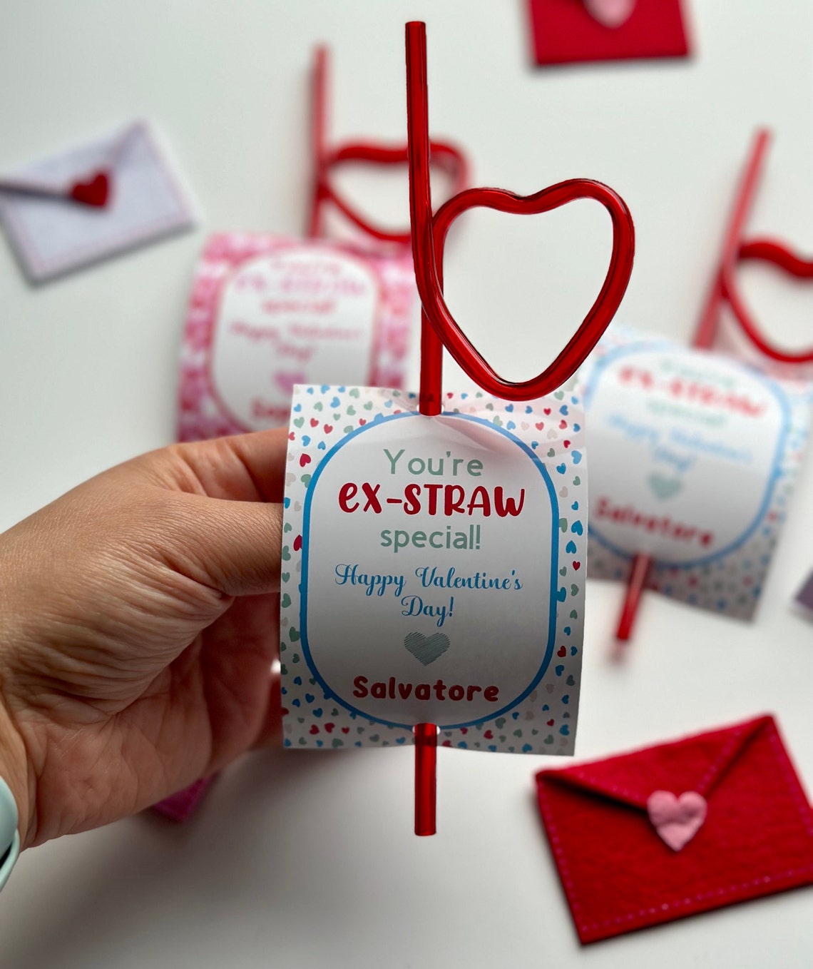 Silly Straw Valentines for Kids, Red Heart Straw Valentine Cards, Non ...