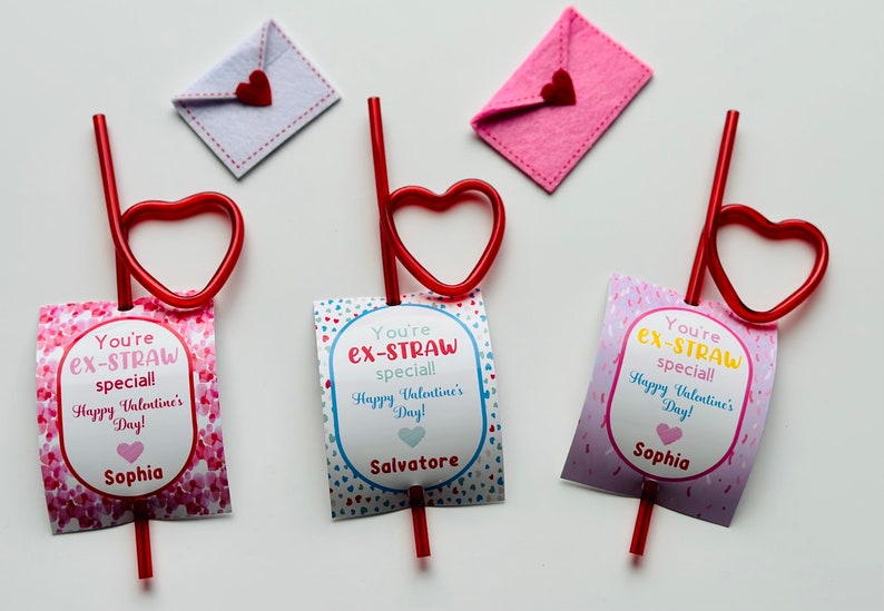 Silly Straw Valentines for Kids, Red Heart Straw Valentine Cards, Non ...