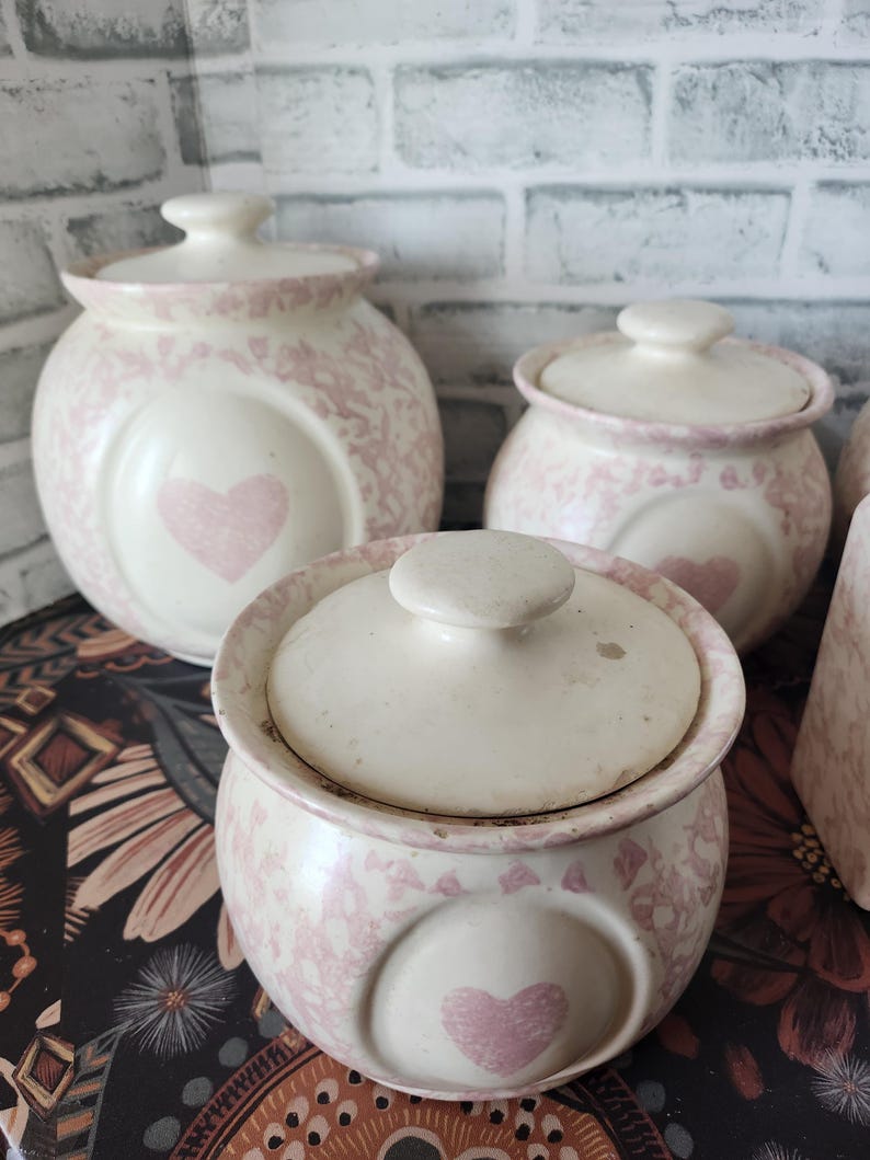 Vintage 1990s Pink Heart Spongeware Ceramic Cannister Set - 6 Piece ...