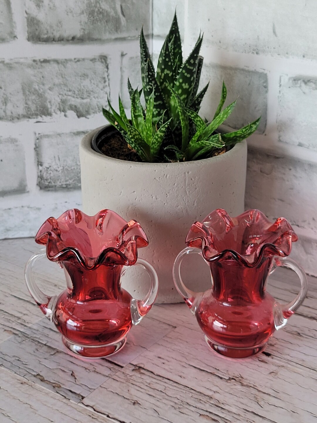 Vintage 1970's Cranberry Glass Bud Vases With Ruffled Edges & Handles ...