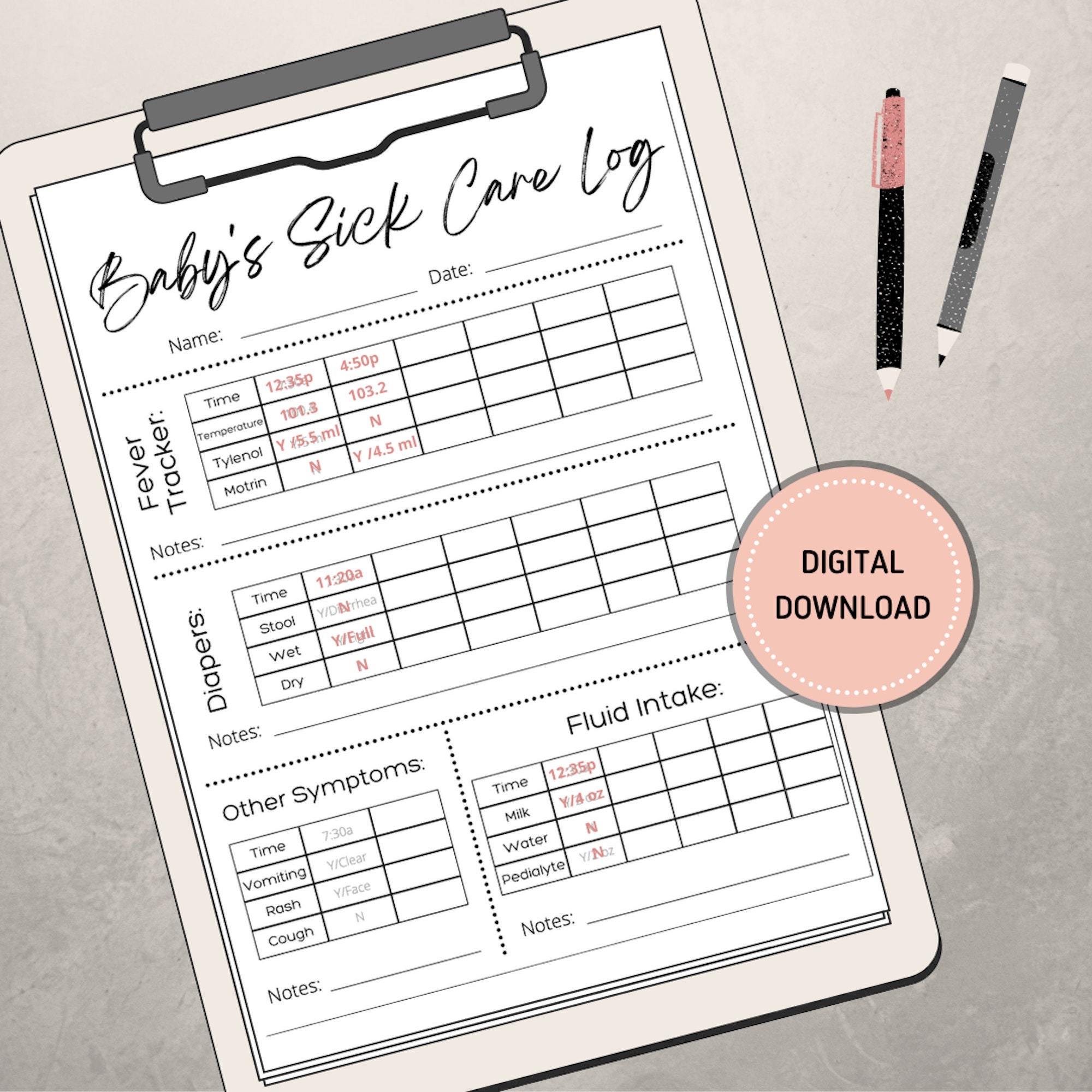 Baby Fever Log // Infant Health Log // Digital Download // Baby Forms ...