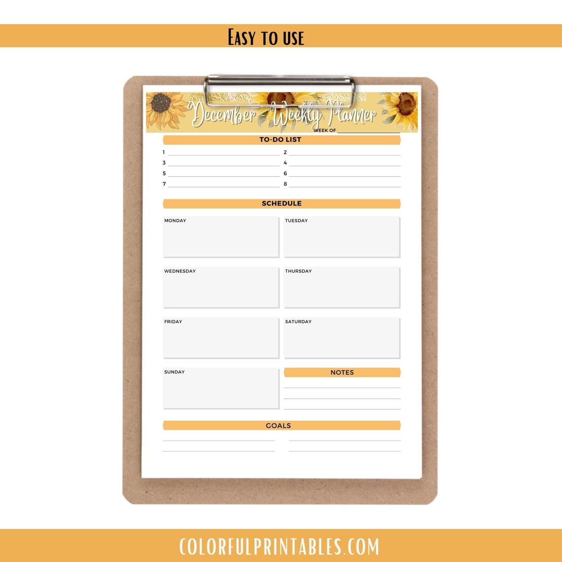 Sunflower Planner and Undated Calendar Weekly Planner Sunday Start PDF ...
