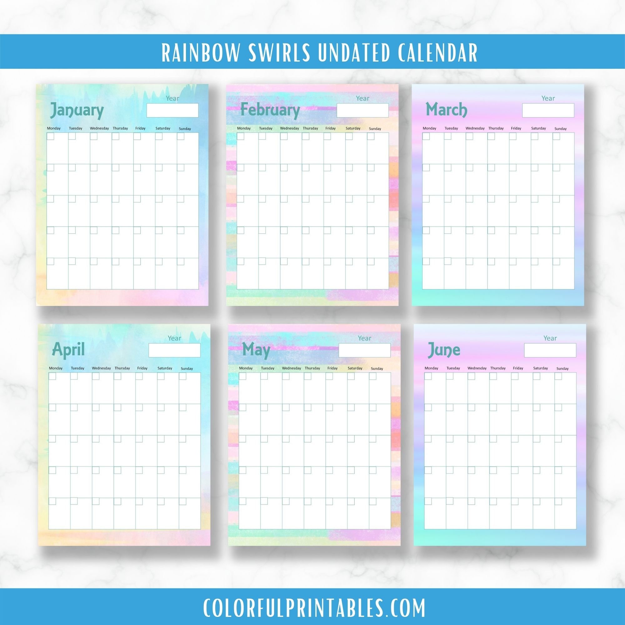 Rainbow Swirls Undated Calendar Monday Start Date PDF - Etsy