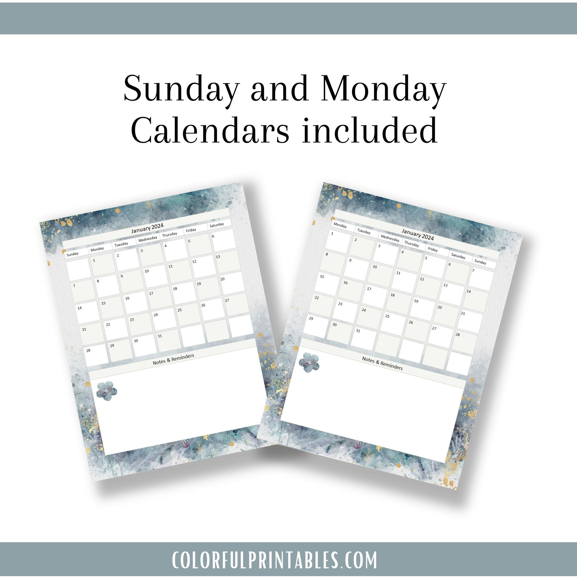 2024 Dated Calendar Teal Clouds Sunday and Monday Start, Notes Pages ...