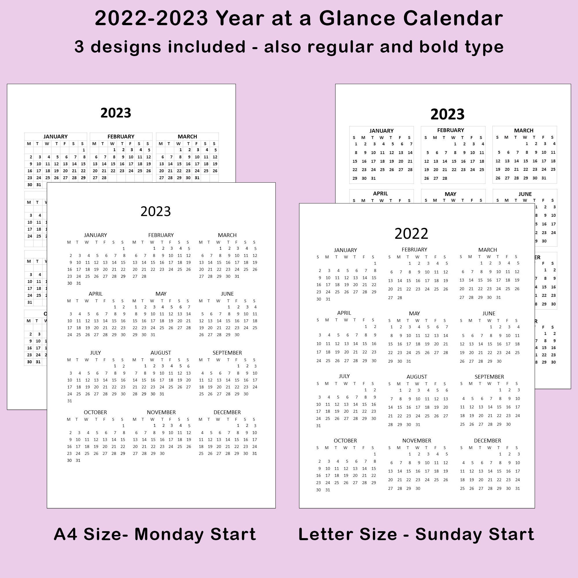Letter 12 Month Printable Yearly Calendar A4 A5 2021 2022 2023 Year At letter-12-month-printable-yearly-calendar-a4-a5-2021-2022-2023-year-at