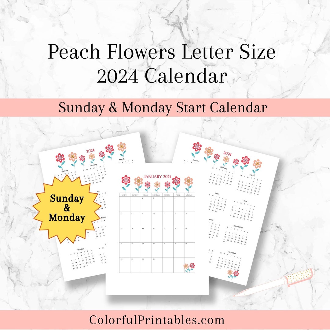 2024 Dated Calendar Peach Flowers Sunday and Monday Start, Notes Pages ...
