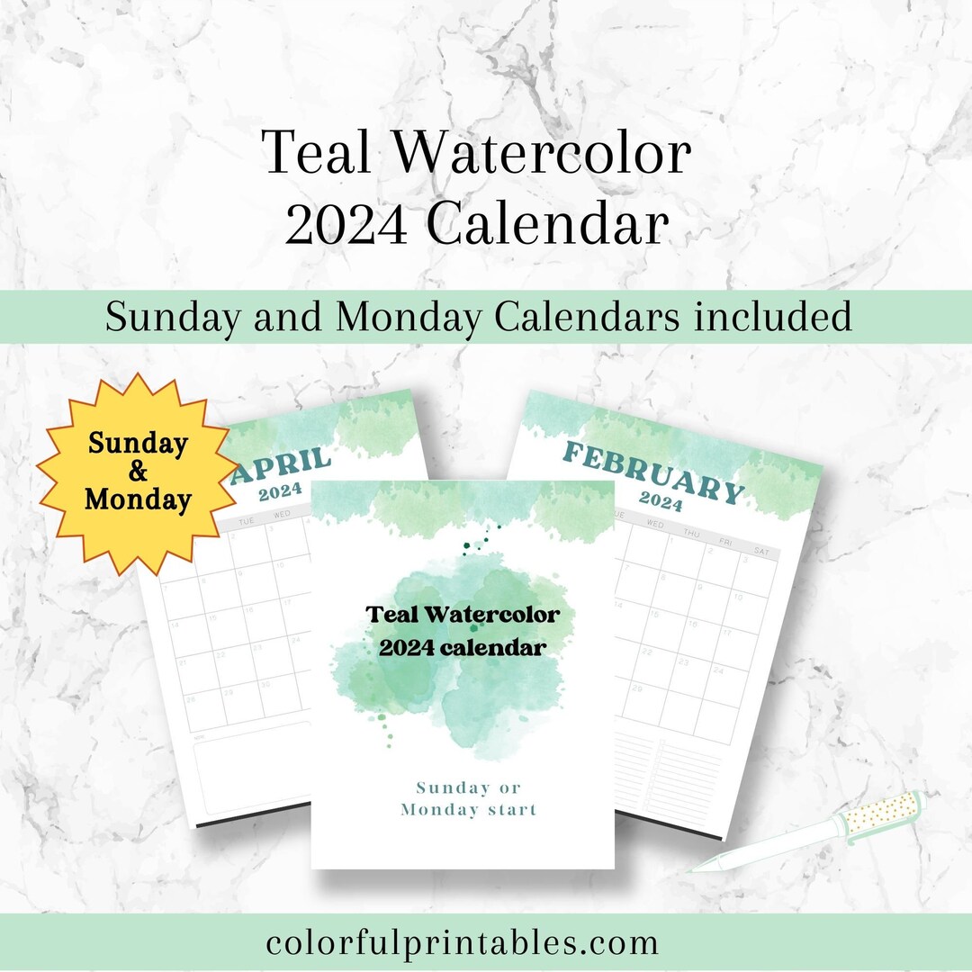 2024 Teal Watercolor Dated Printable Calendar, Weekly, Daily, Sunday ...