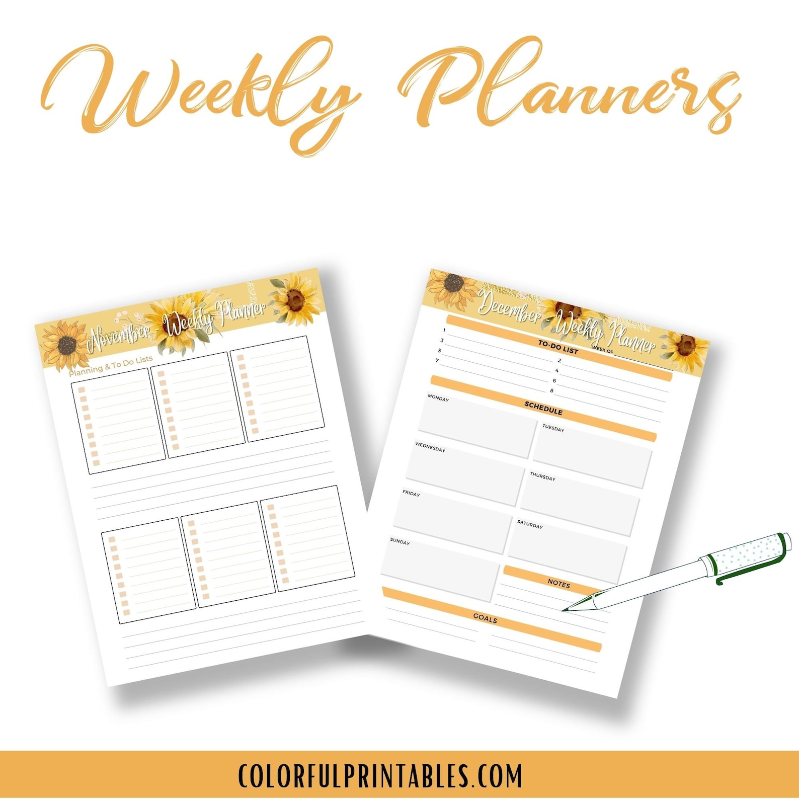 Sunflower Planner and Undated Calendar Weekly Planner Sunday Start PDF ...
