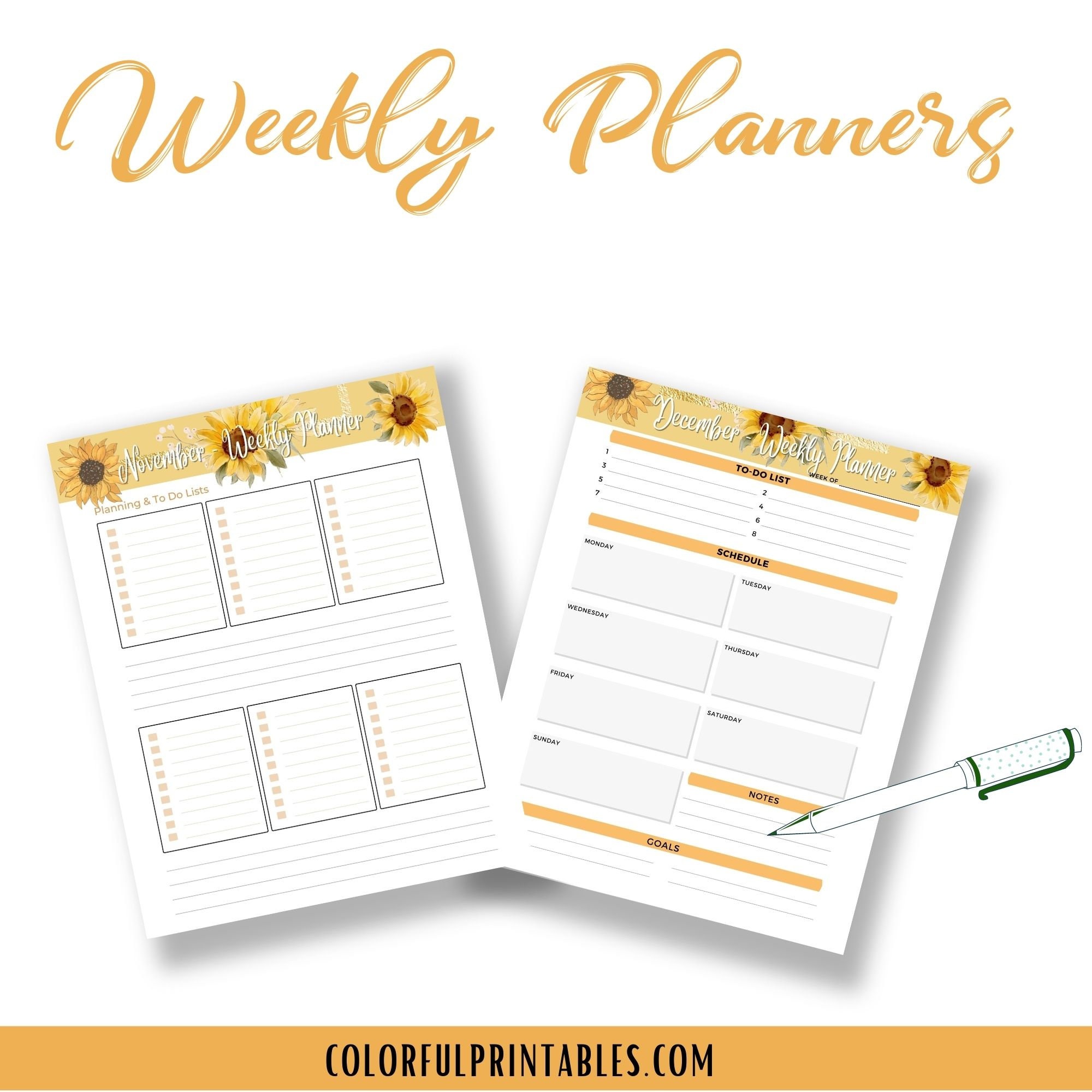 Sunflower Planner and Undated Calendar Weekly Planner Sunday Start PDF ...