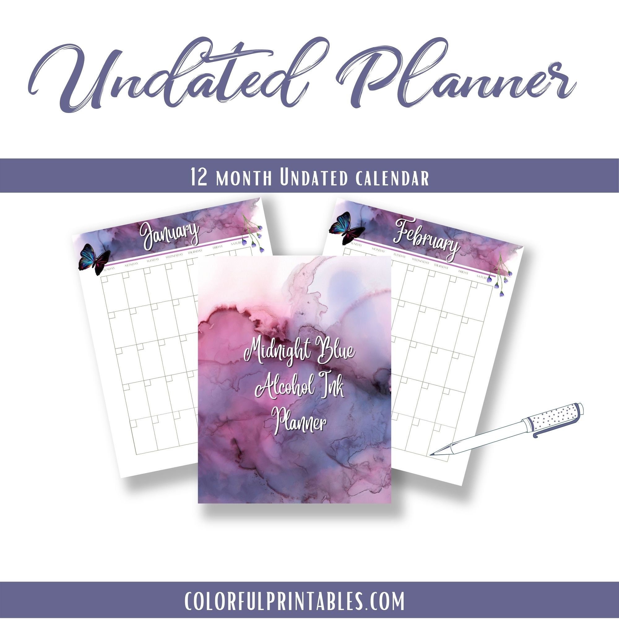 Alcohol Ink Midnight Blue Planner and Undated Calendar Sunday Start PDF ...