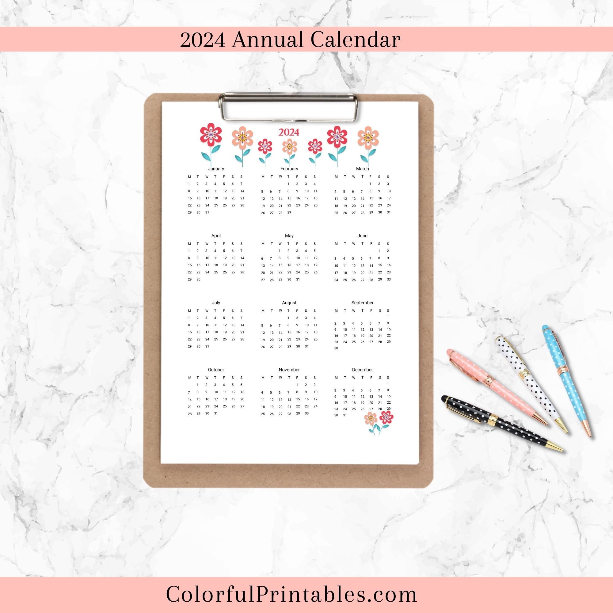 2024 Dated Calendar Peach Flowers Sunday and Monday Start - Etsy