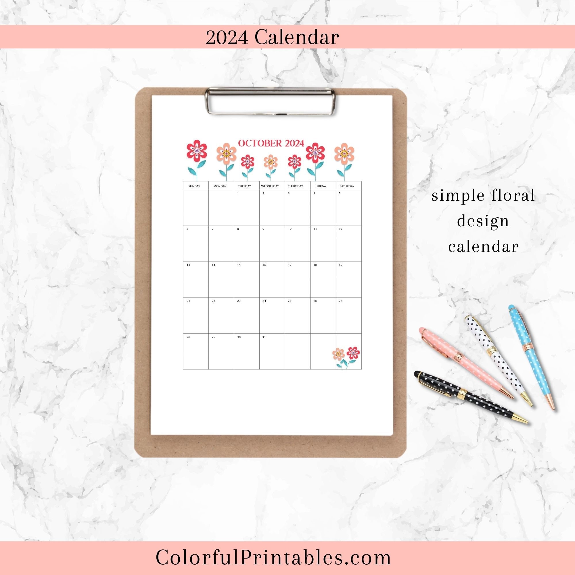 2024 Dated Calendar Peach Flowers Sunday and Monday Start, Notes Pages ...