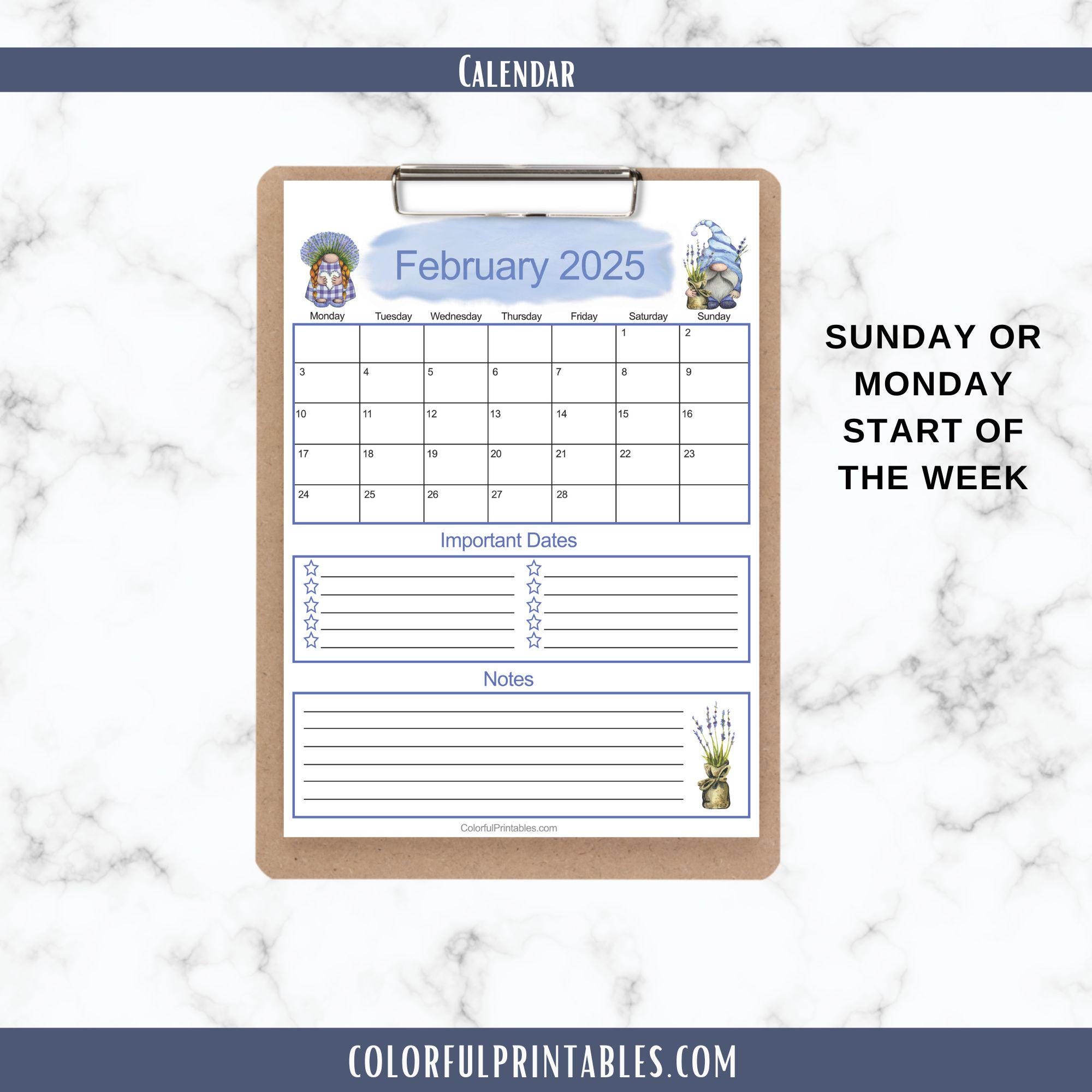 2025 Blue Gnome Dated Calendar PDF With Sunday and Monday Start Date ...