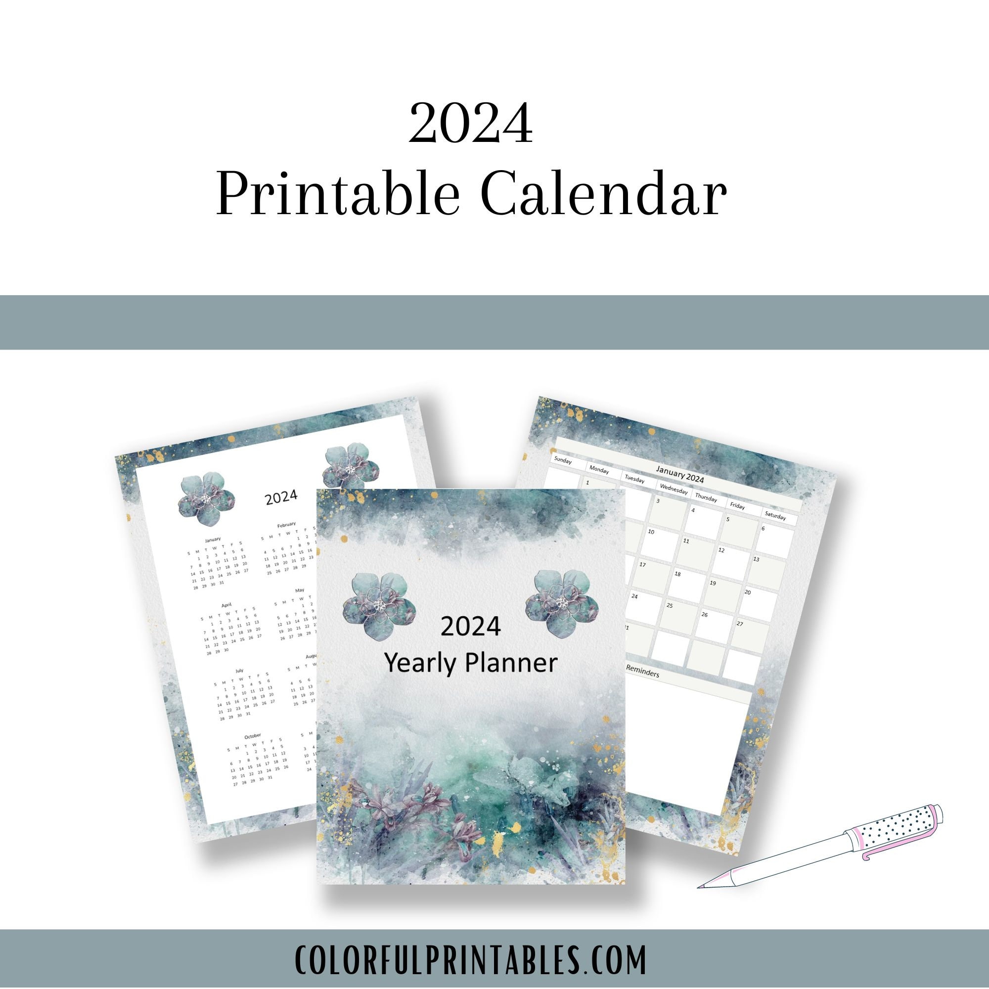 2024 Dated Calendar Teal Clouds Sunday and Monday Start, Notes Pages ...