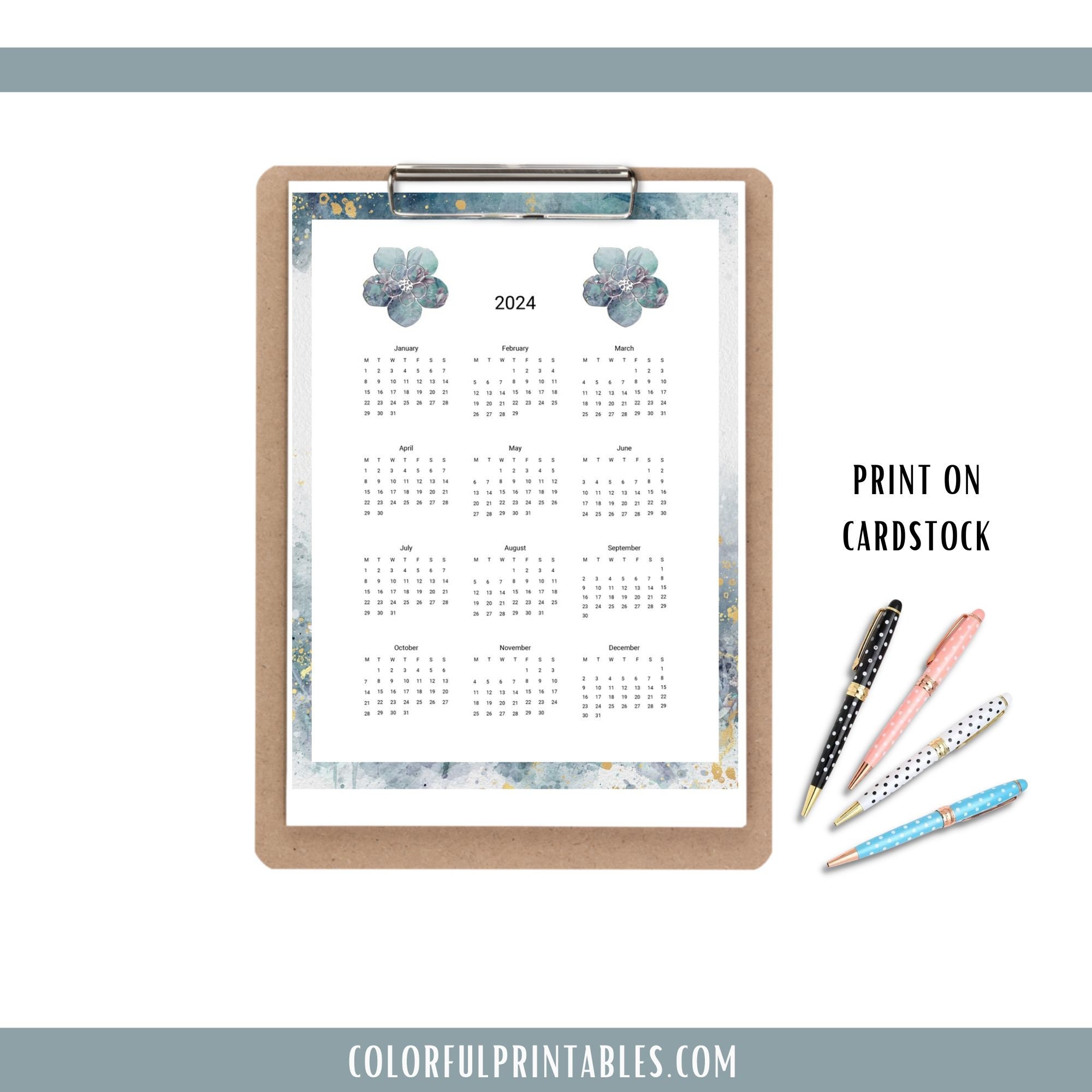 2024 Dated Calendar Teal Clouds Sunday and Monday Start, Notes Pages ...