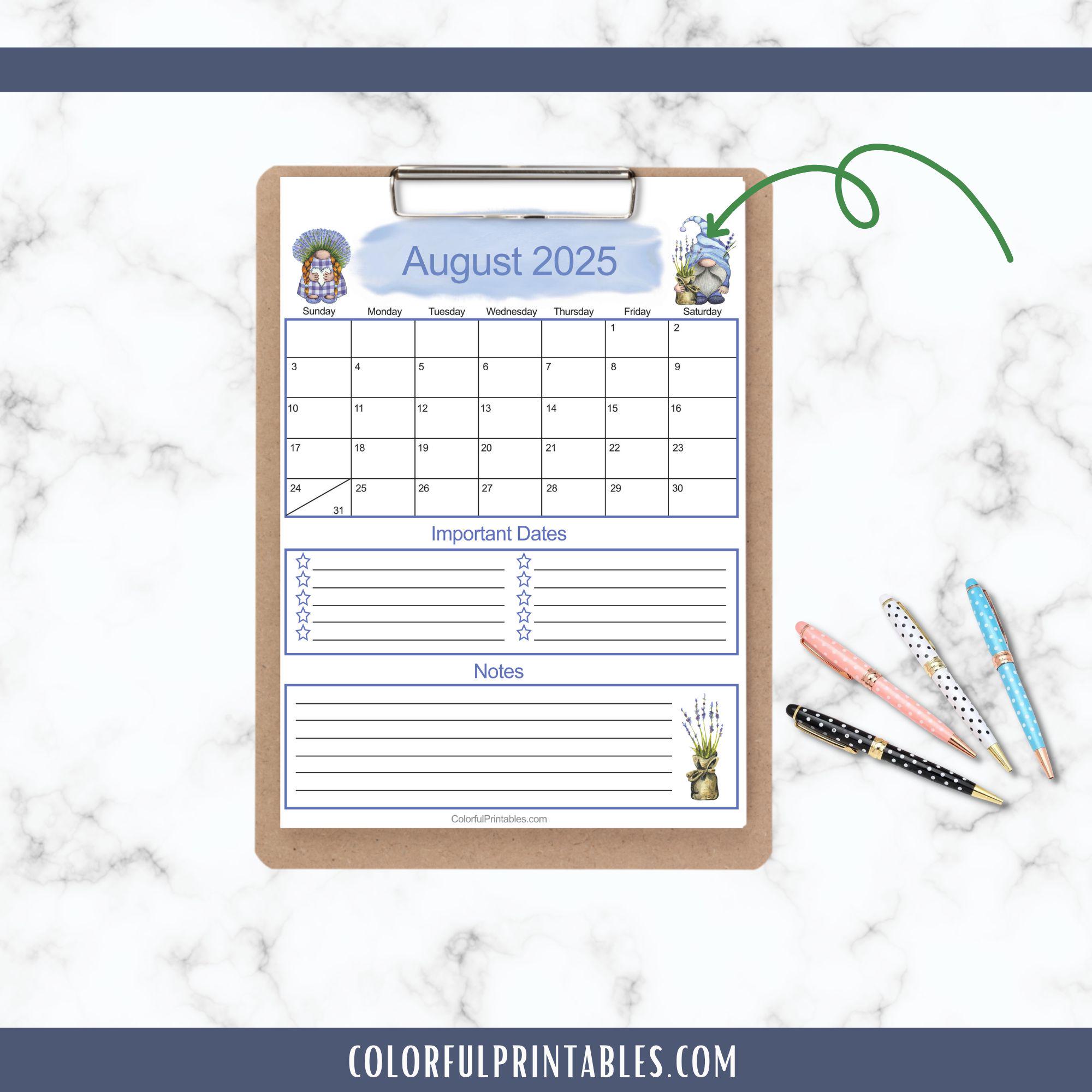 2025 Blue Gnome Dated Calendar PDF With Sunday and Monday Start Date ...