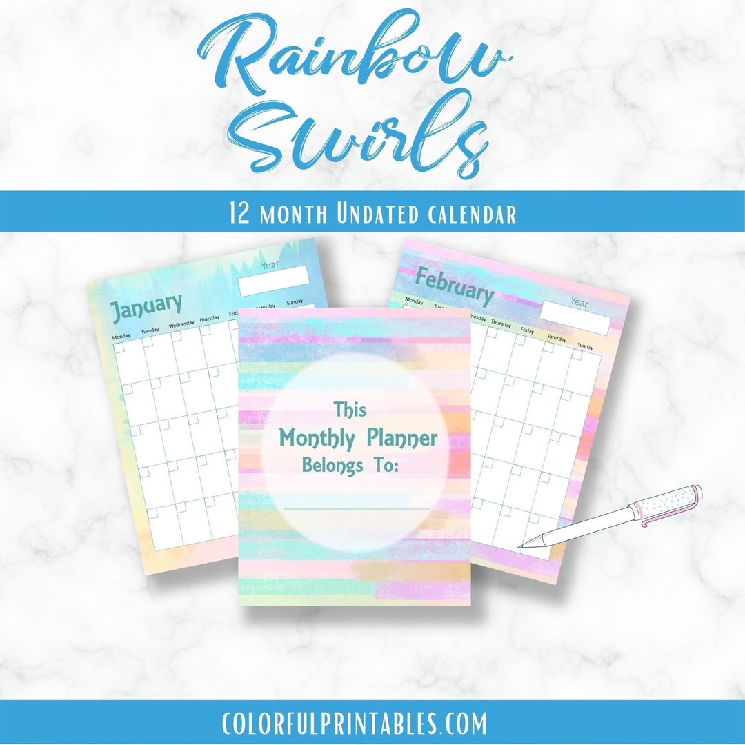 Rainbow Swirls Undated Calendar Monday Start Date PDF - Etsy