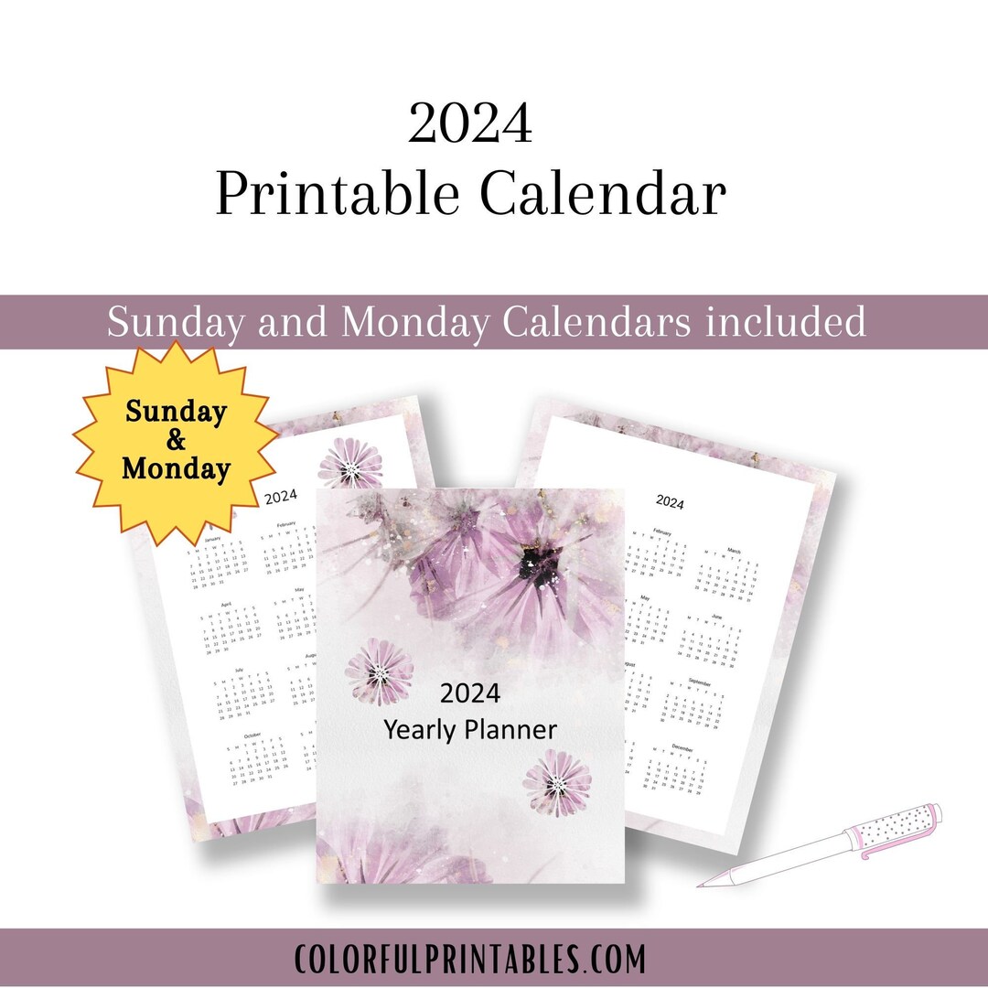 2024 Dated Calendar Soft Lavender Sunday and Monday Start, Notes Pages ...
