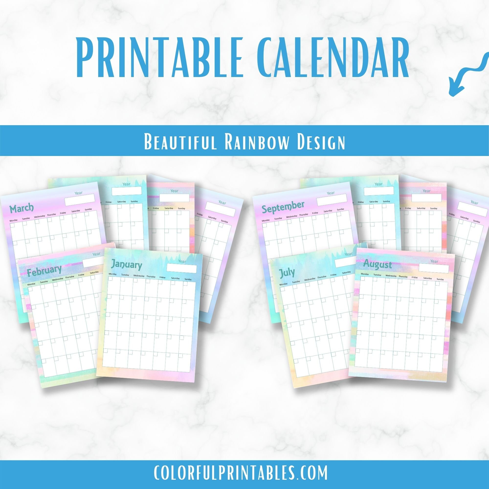 Rainbow Swirls Undated Calendar Monday Start Date PDF - Etsy