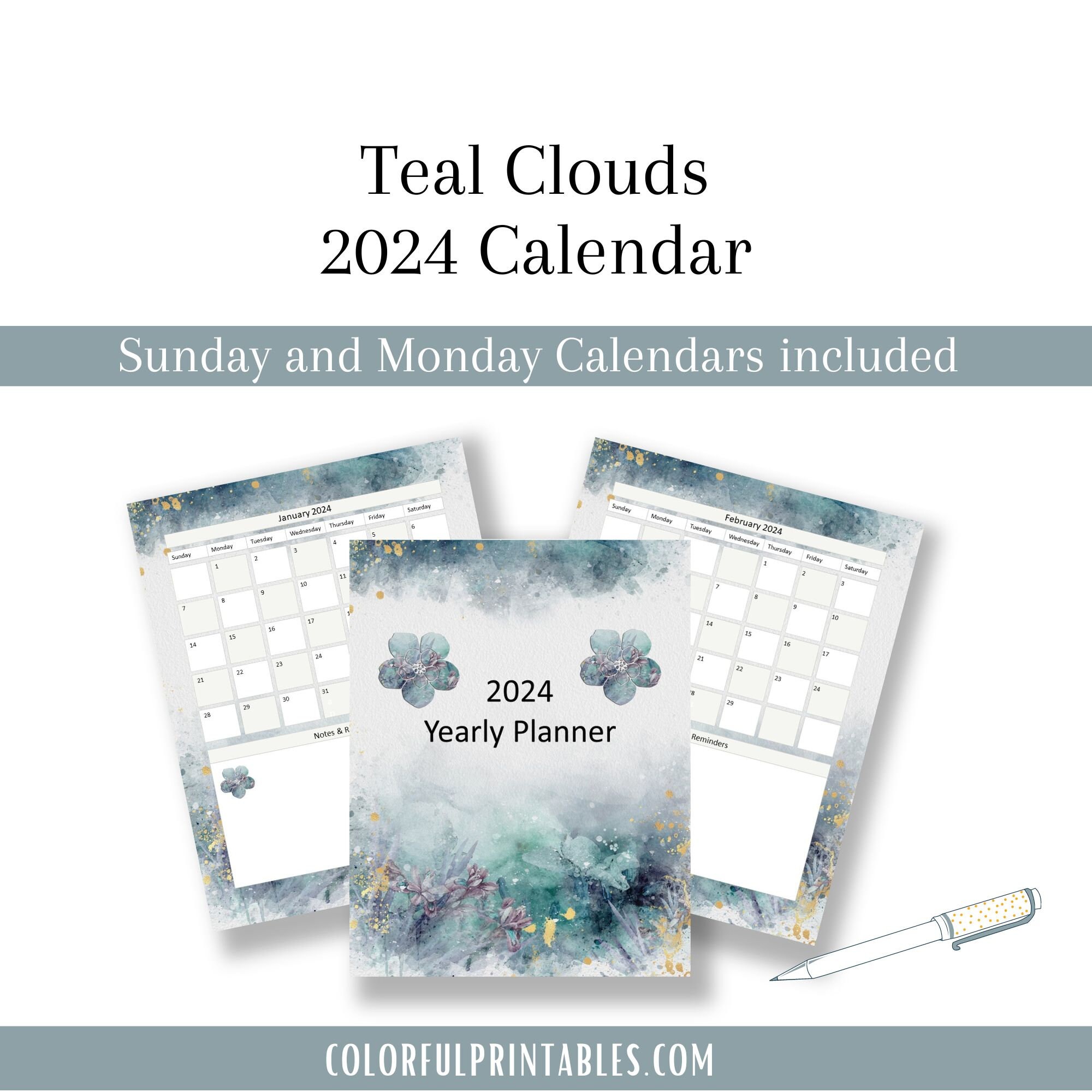 2024 Dated Calendar Teal Clouds Sunday and Monday Start, Notes Pages ...