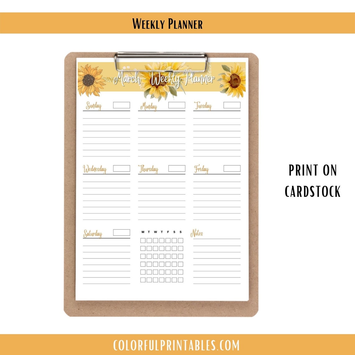 Sunflower Planner and Undated Calendar Weekly Planner Sunday Start PDF ...
