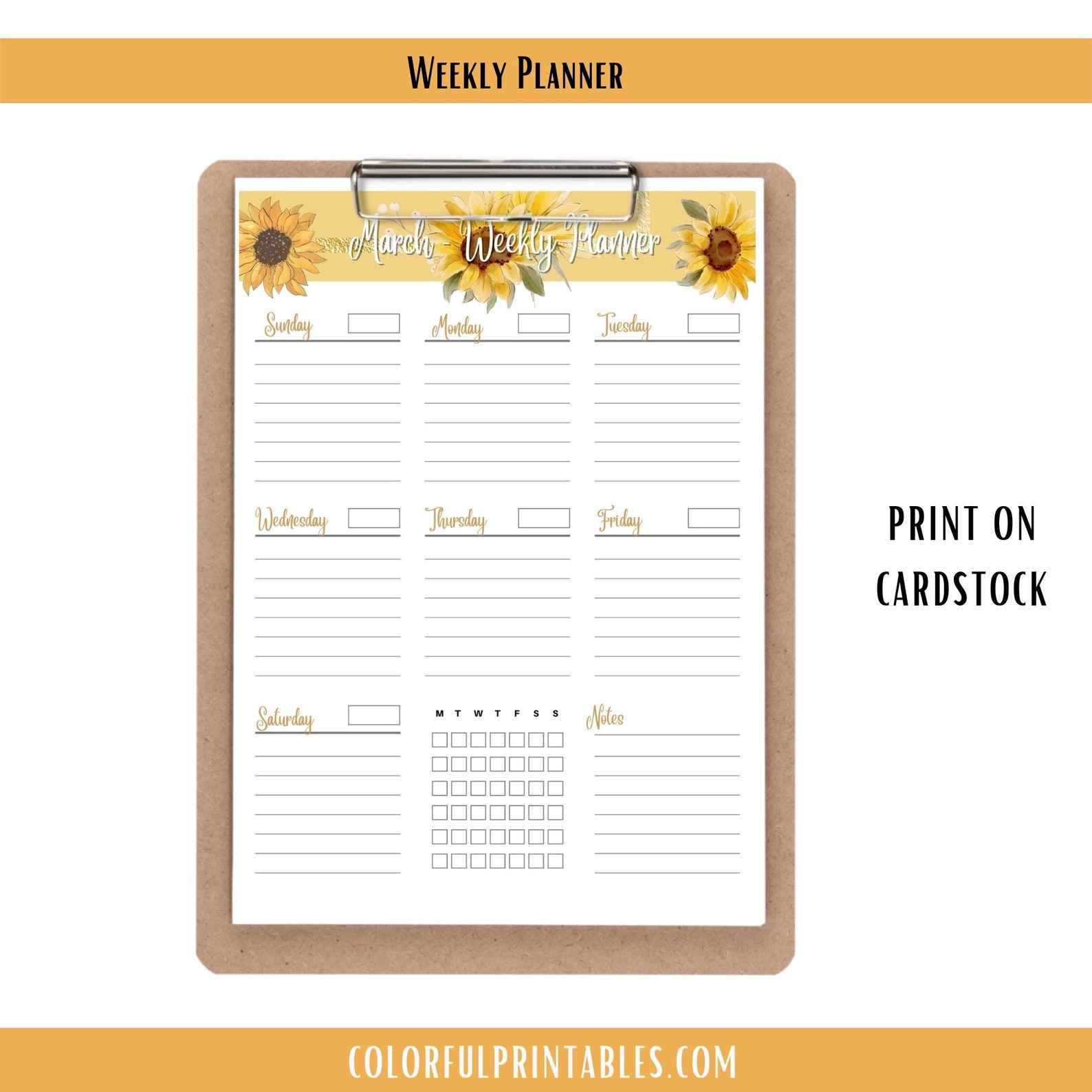 Sunflower Planner and Undated Calendar Weekly Planner Sunday Start PDF ...