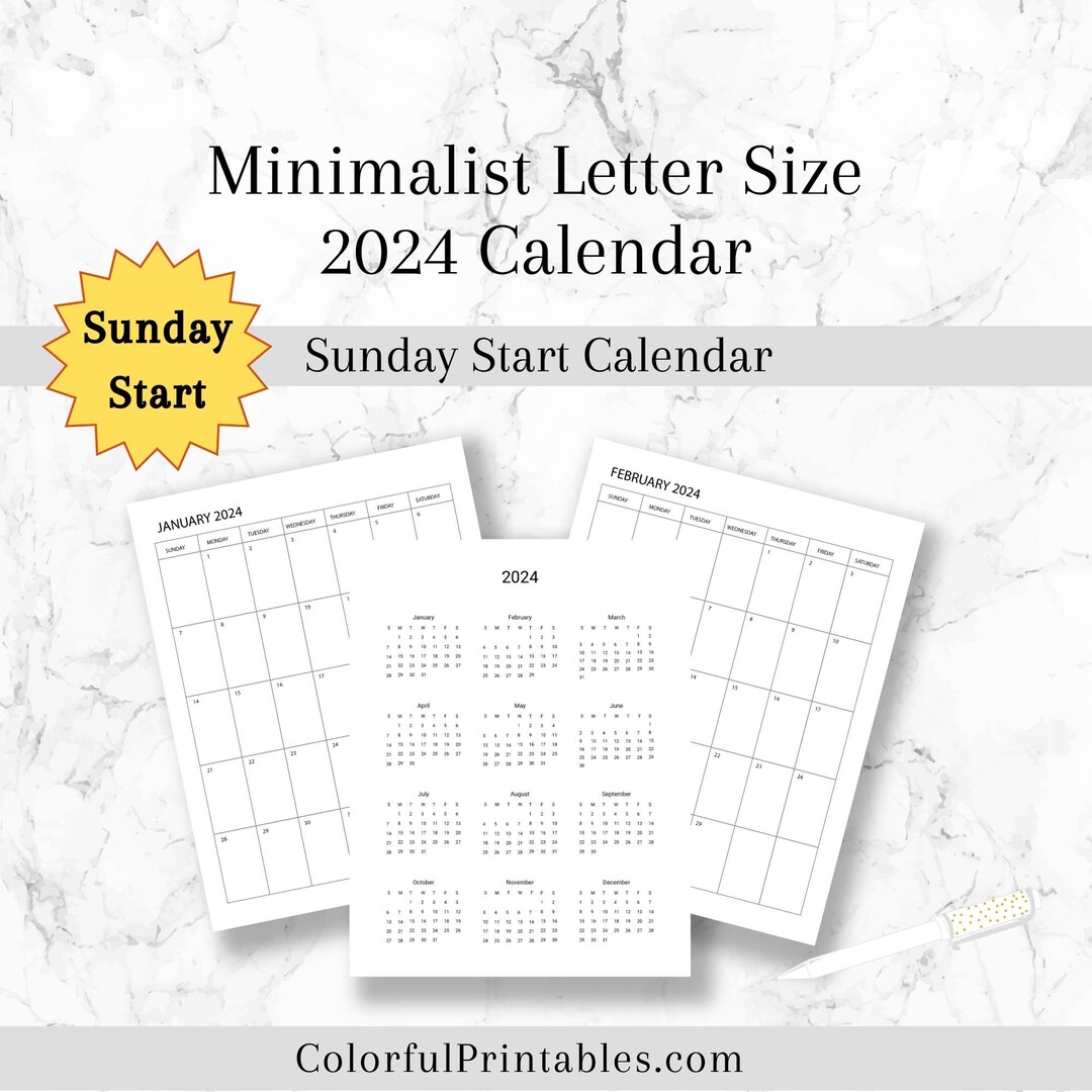 SUNDAY Start Date 2024 Minimalist Design Calendar Horizontal US Letter ...