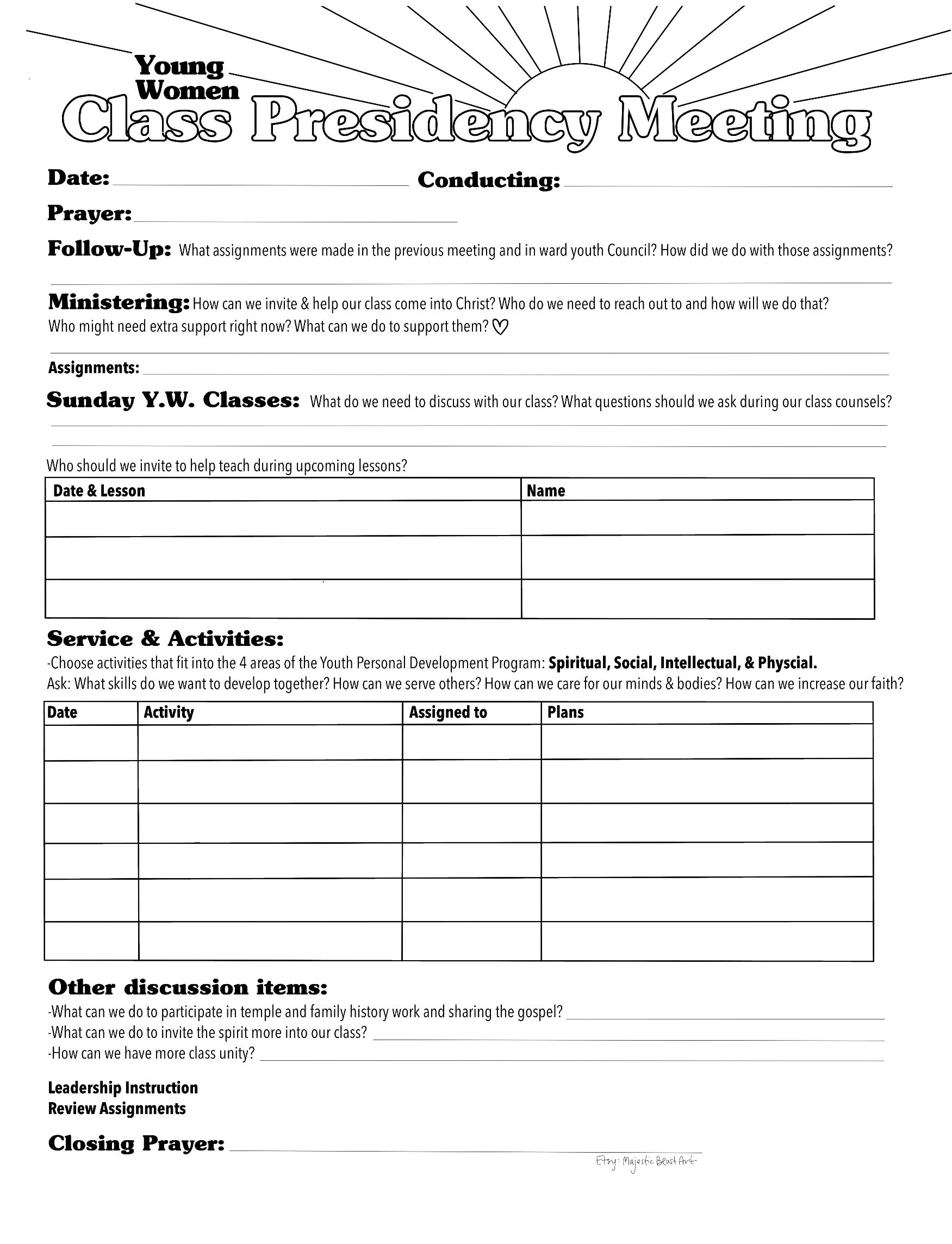 LDS Young Women Class Presidency Meeting Agenda (2025) PDF Digital ...