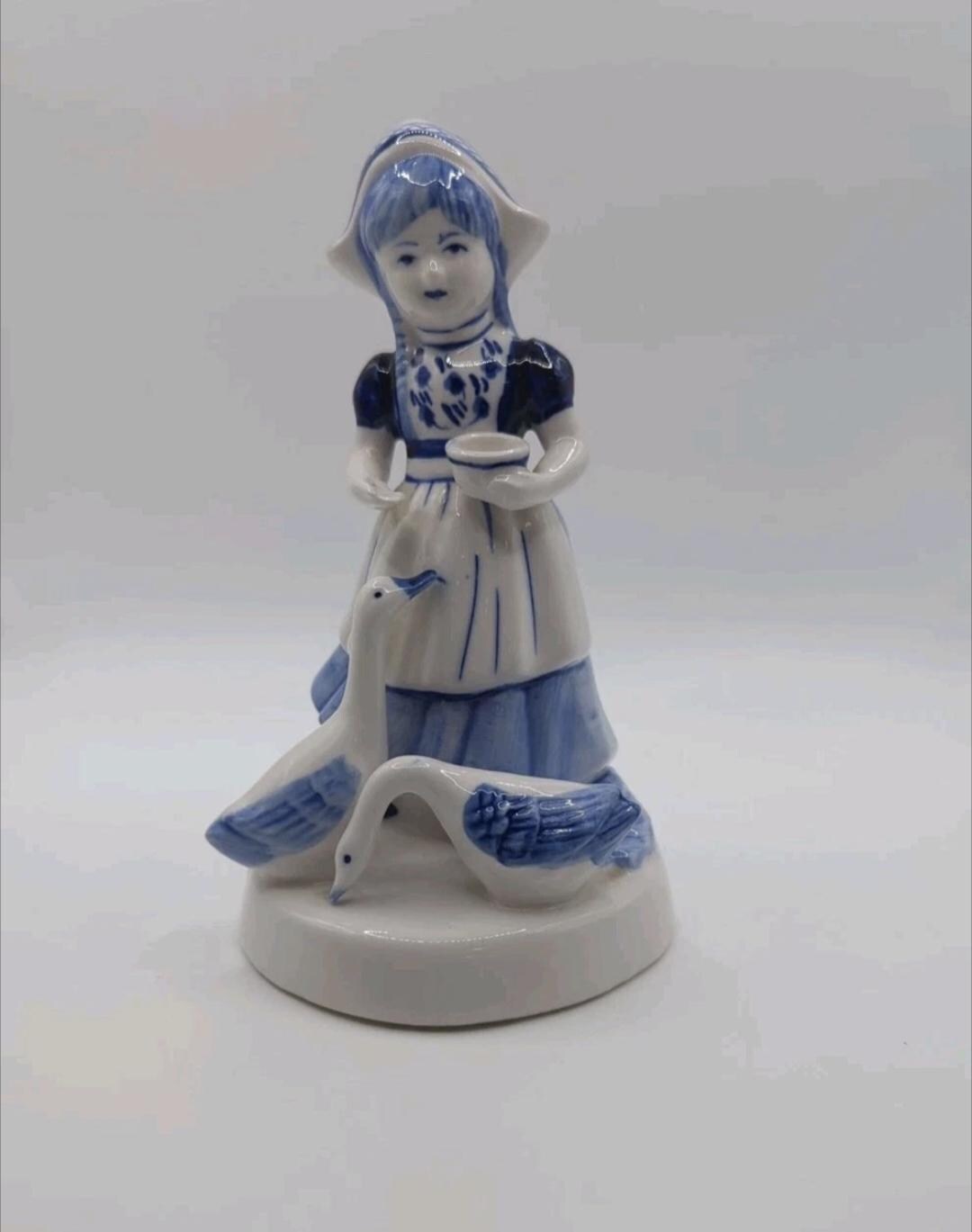 Hand Painted Delfts Blue Holland Figure – Dutch Girl Feeding Geese ...