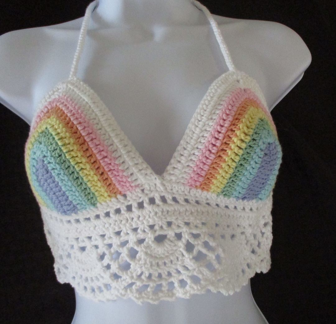 SALE: Pastel Rainbow Crop Top Bralette, Hand Crocheted in Fla USA. Fits ...