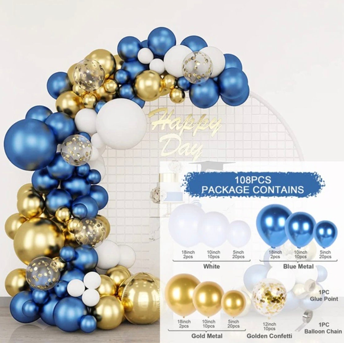 Blue Metallic Balloons Garland Kit Gold Confetti Balloon Arch - Etsy