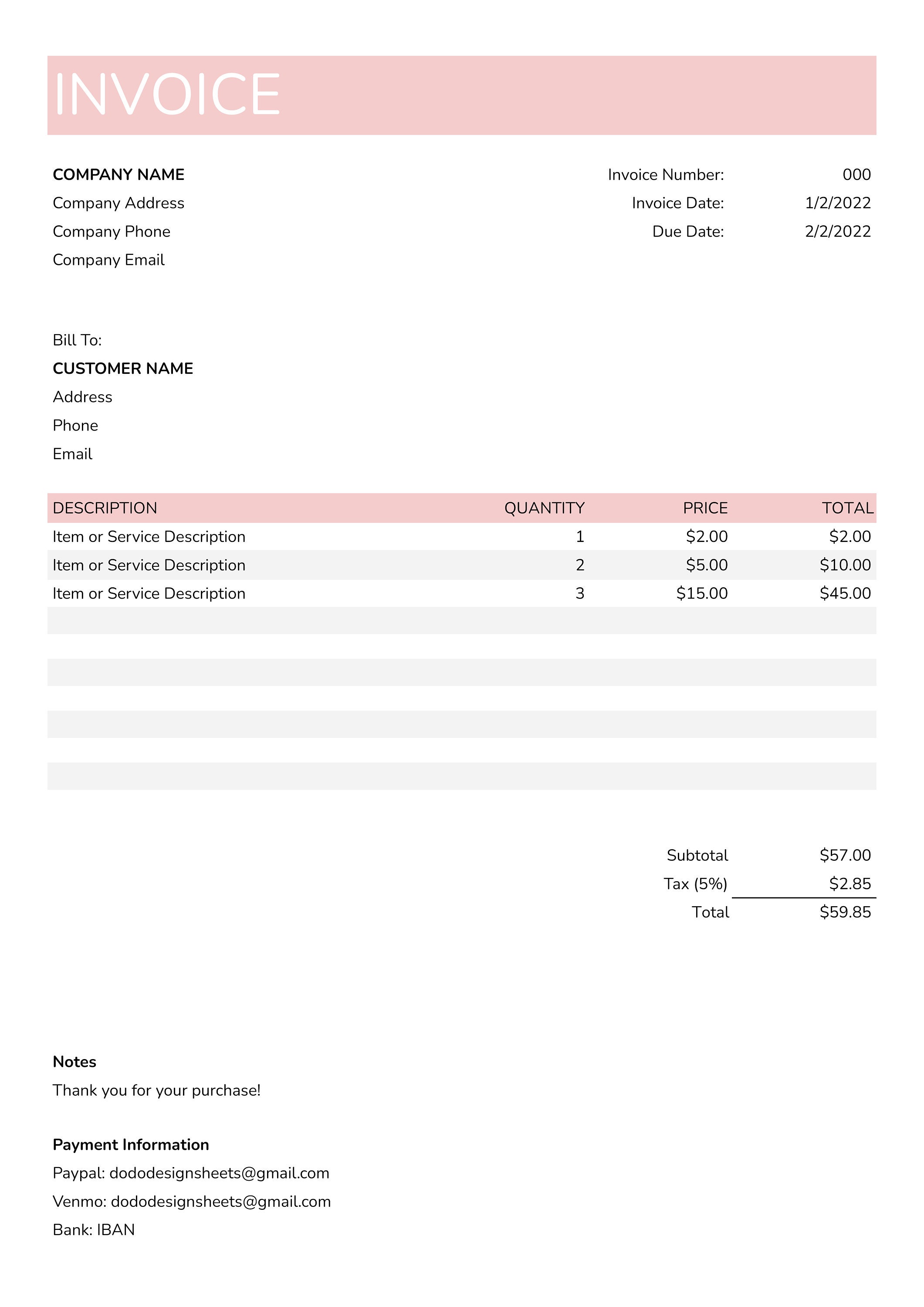 Invoice Template Google Sheets Excel Editable 6 Colors - Etsy