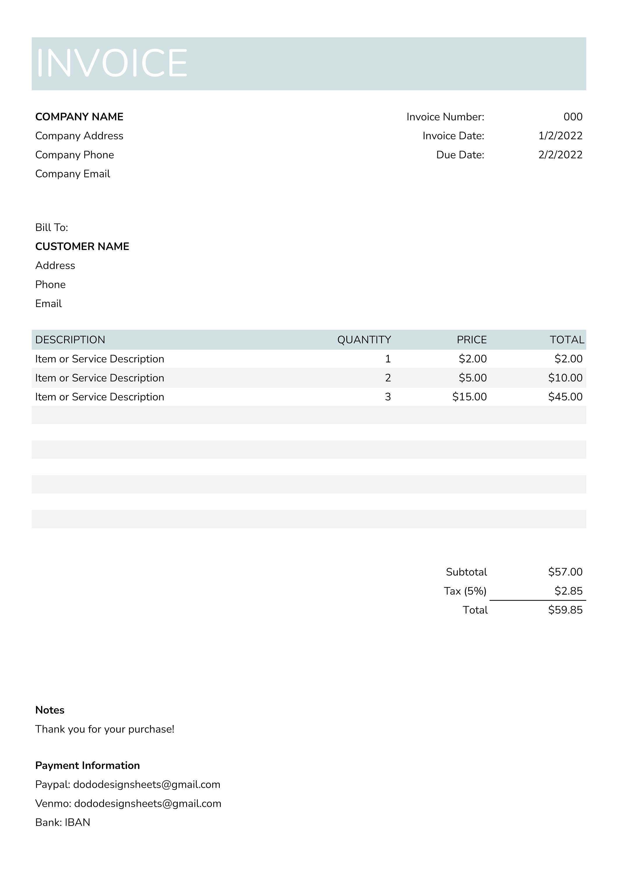 Invoice Template Google Sheets Excel Editable 6 Colors - Etsy