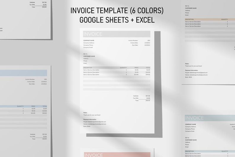 Invoice Template - Google Sheets + Excel - Editable - 6 Colors - Etsy