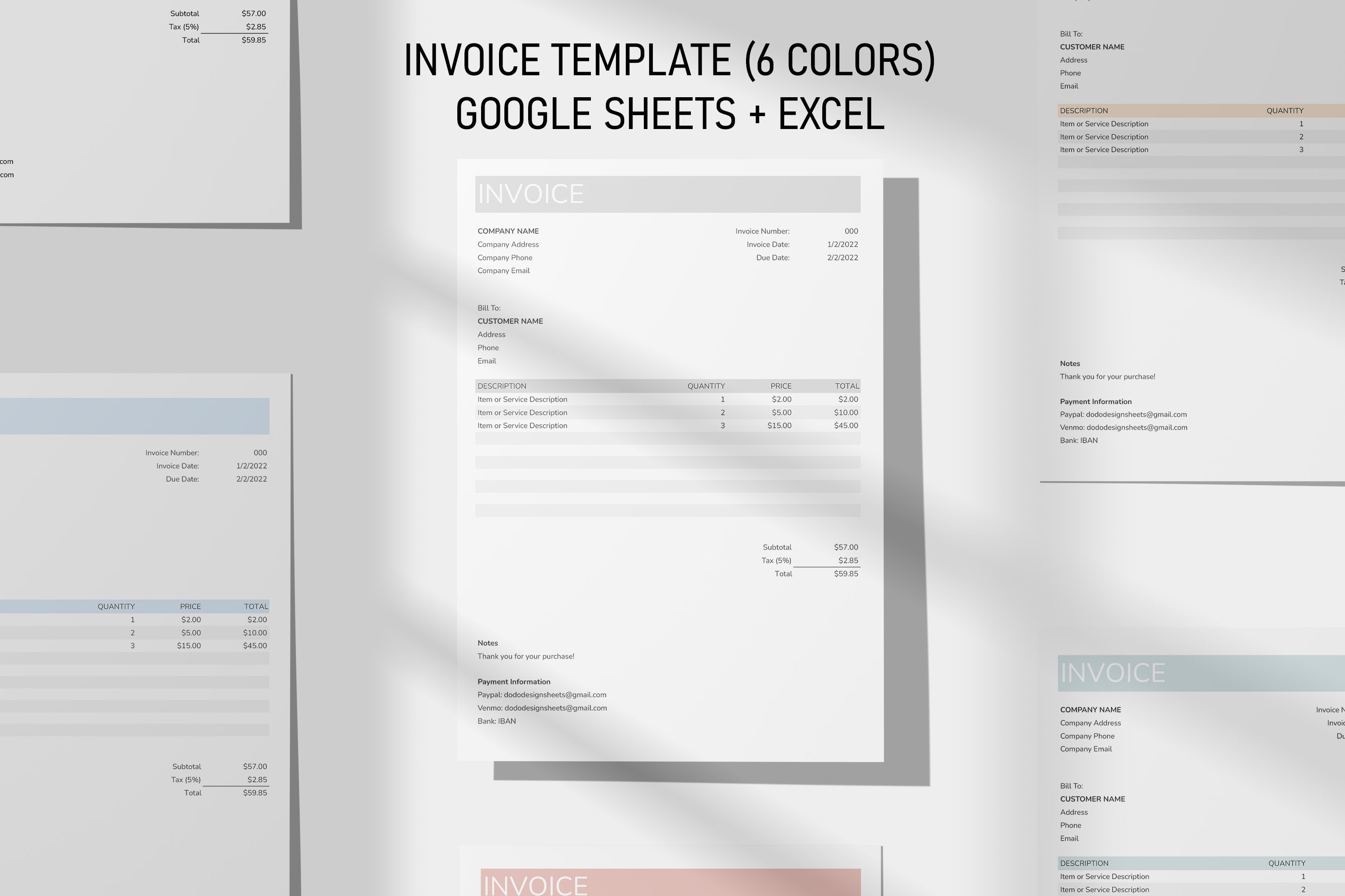 Invoice Template - Google Sheets + Excel - Editable - 6 Colors - Etsy
