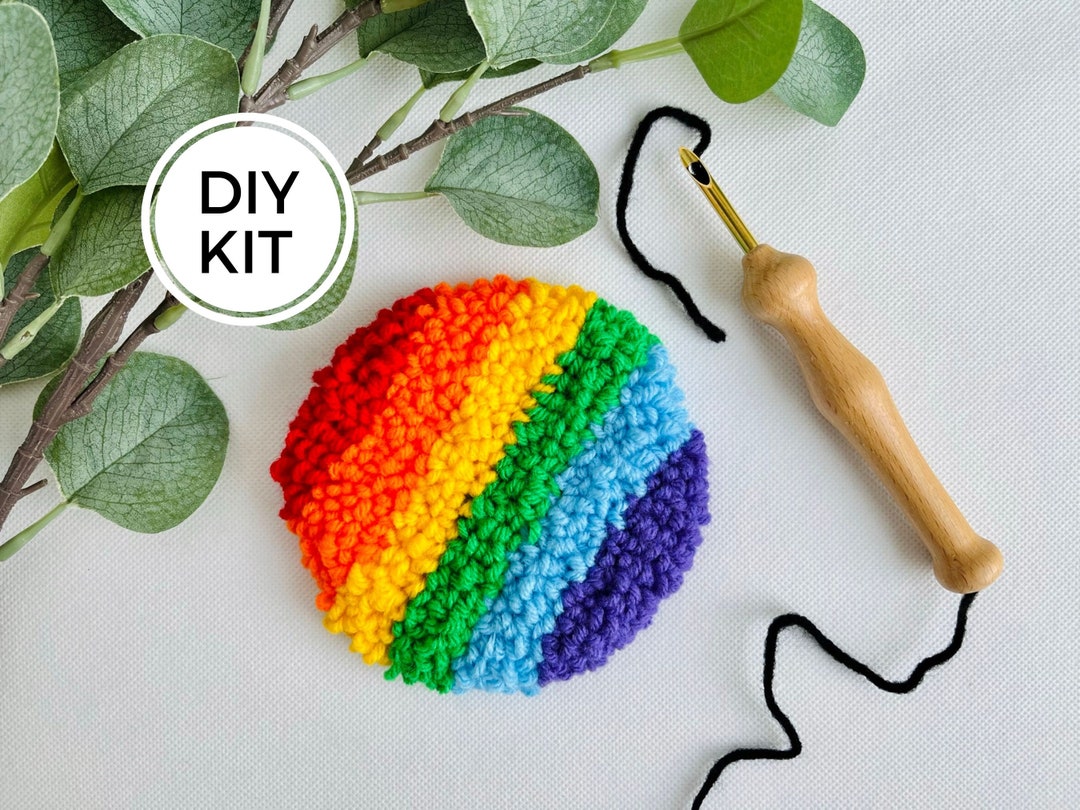 Bright Rainbow Punch Needle Mug Rug Kit, Beginner Yarn Rug Hooking DIY ...