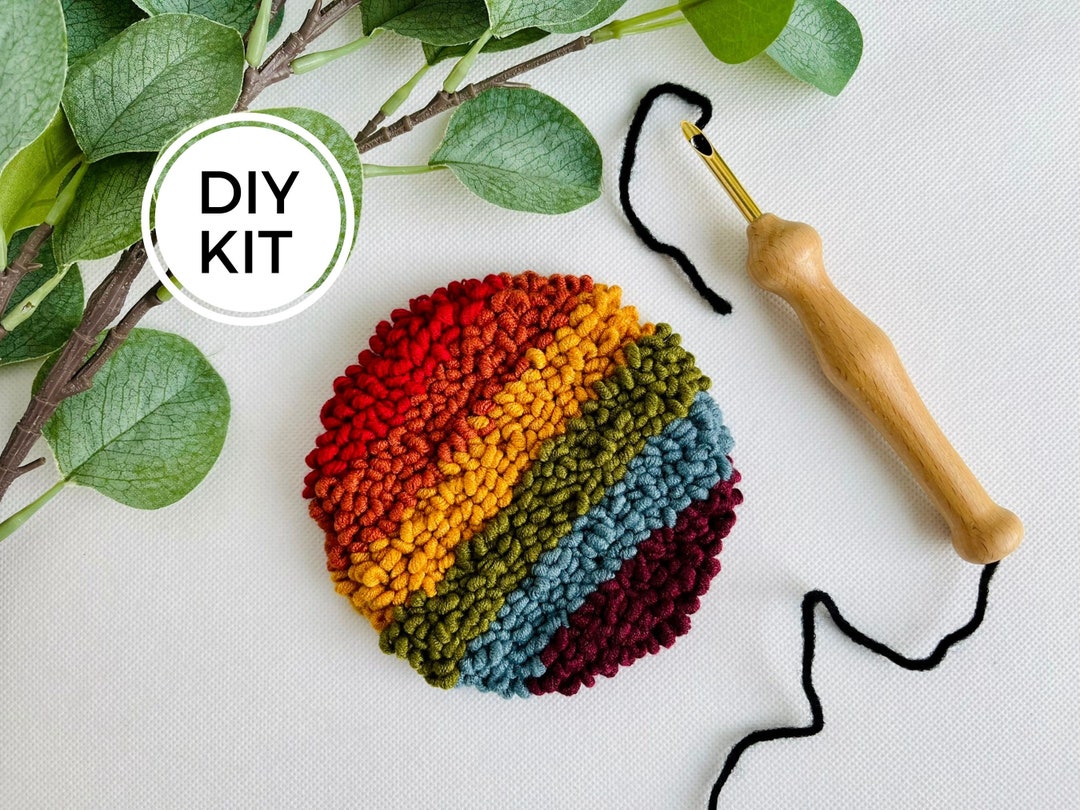 Muted Rainbow Punch Needle Mug Rug Kit, Beginner Yarn Rug Hooking DIY ...