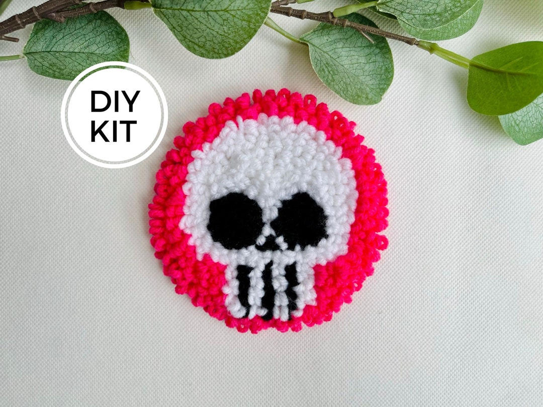 Hot Pink Skull Punch Needle Mug Rug Kit, Beginner Yarn Rug Hooking DIY ...